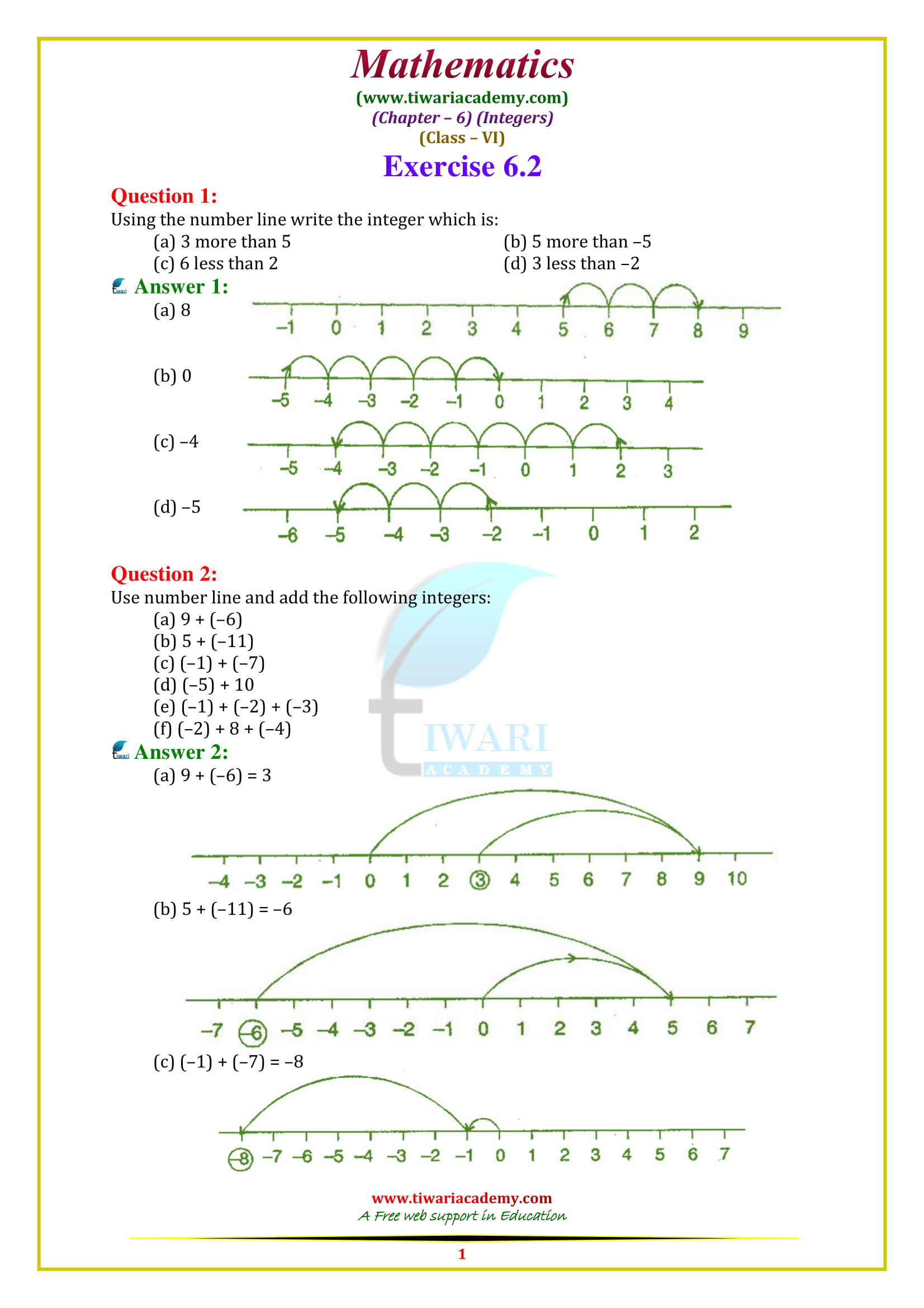 NCERT Solutions for Class 6 Maths Chapter 6 Integers