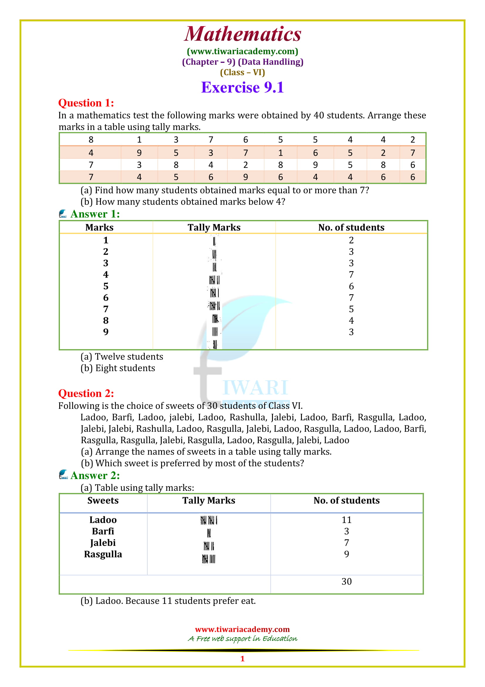 CBSE NCERT Class 6 Maths Chapter 9 Exercise 9.1 Solution (2022-2023).