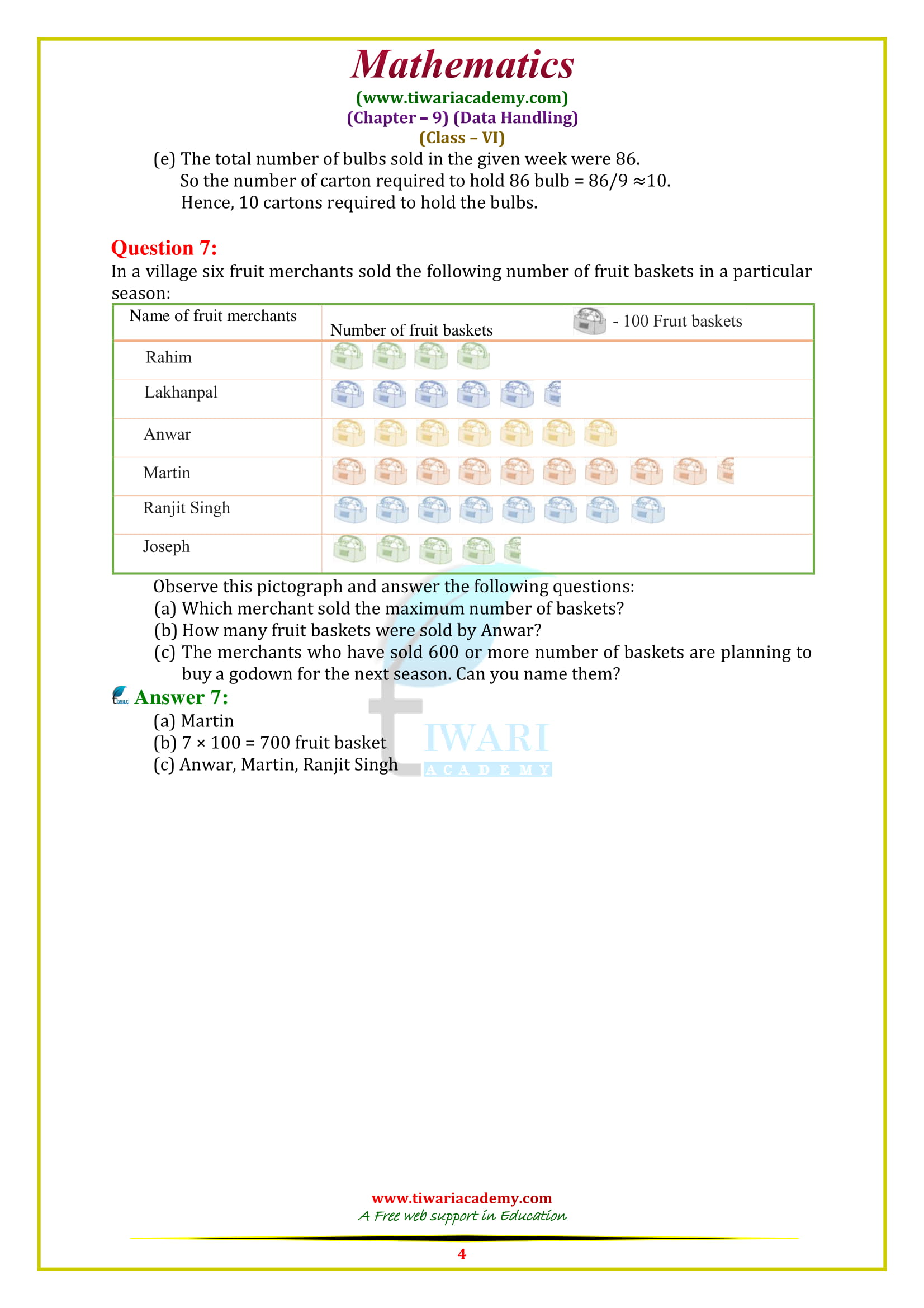NCERT Solutions for Class 6 Maths Chapter 9 Data Handling in PDF