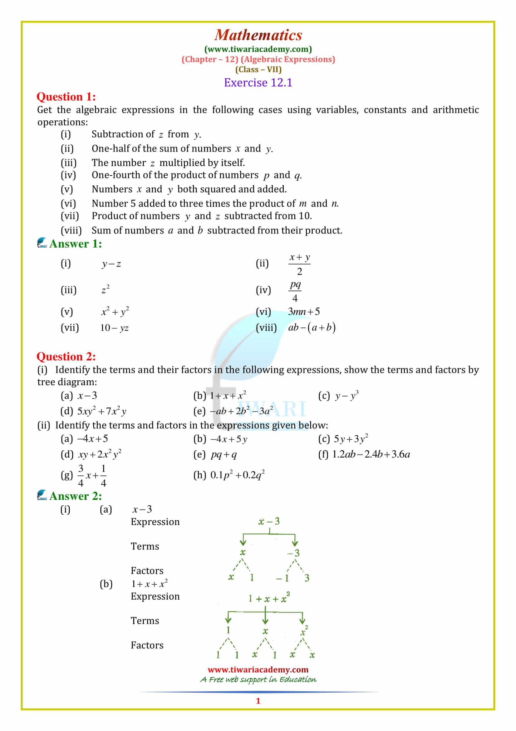 NCERT Solutions for Class 7 Maths Chapter 12 Algebraic Expressions