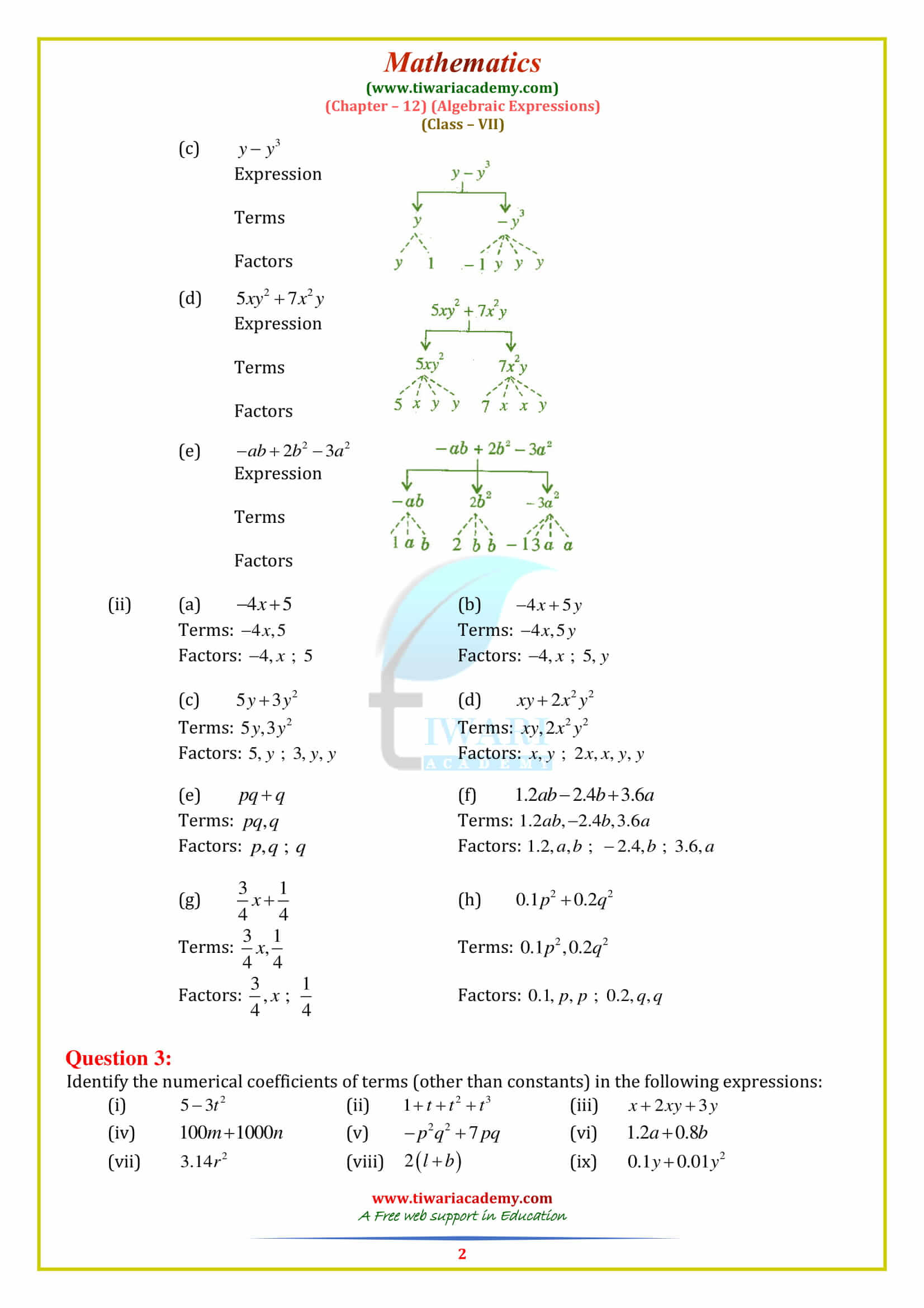NCERT Solutions for Class 7 Maths Chapter 12 Algebraic Expressions