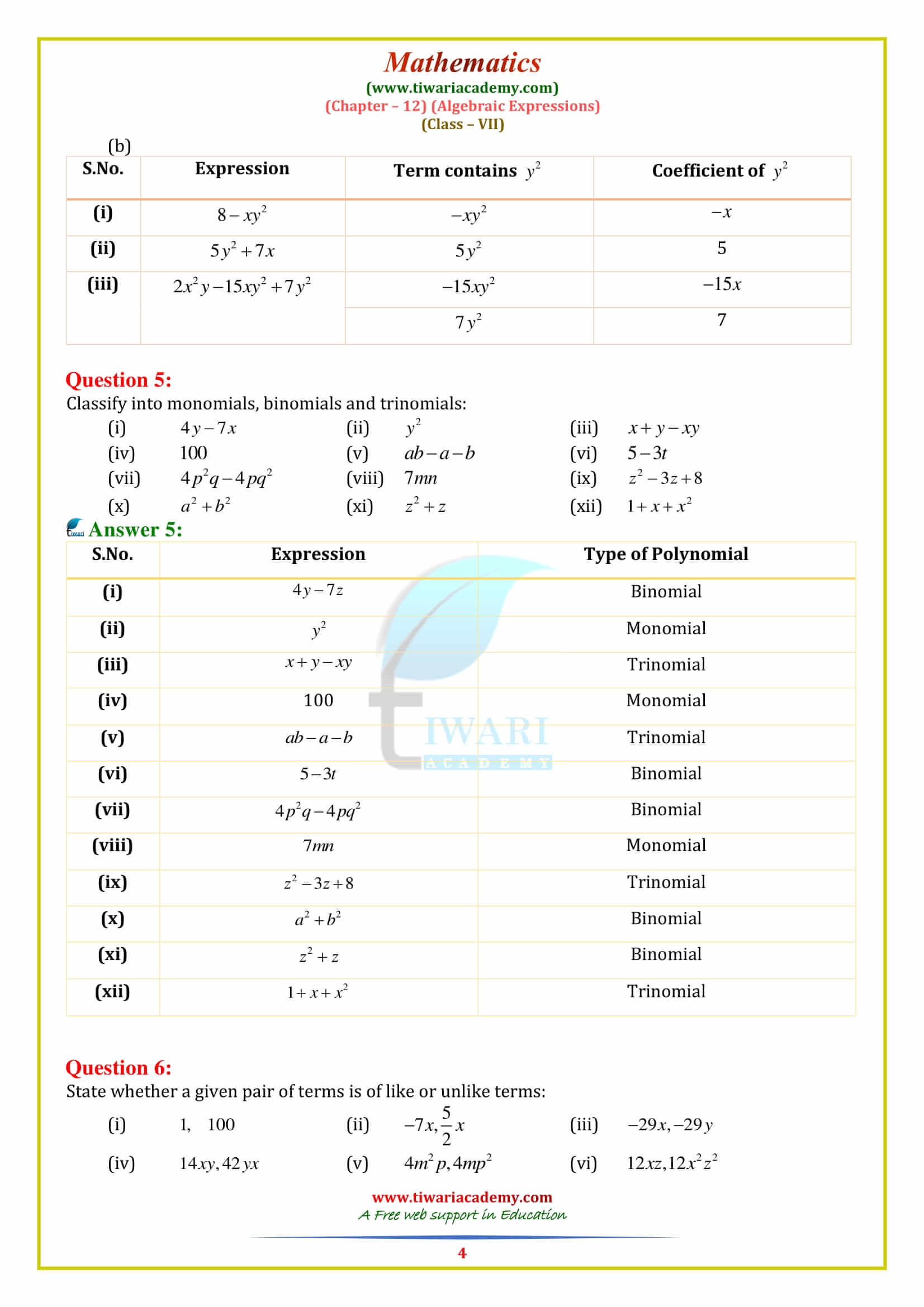 NCERT Solutions for Class 7 Maths Chapter 12 Algebraic Expressions