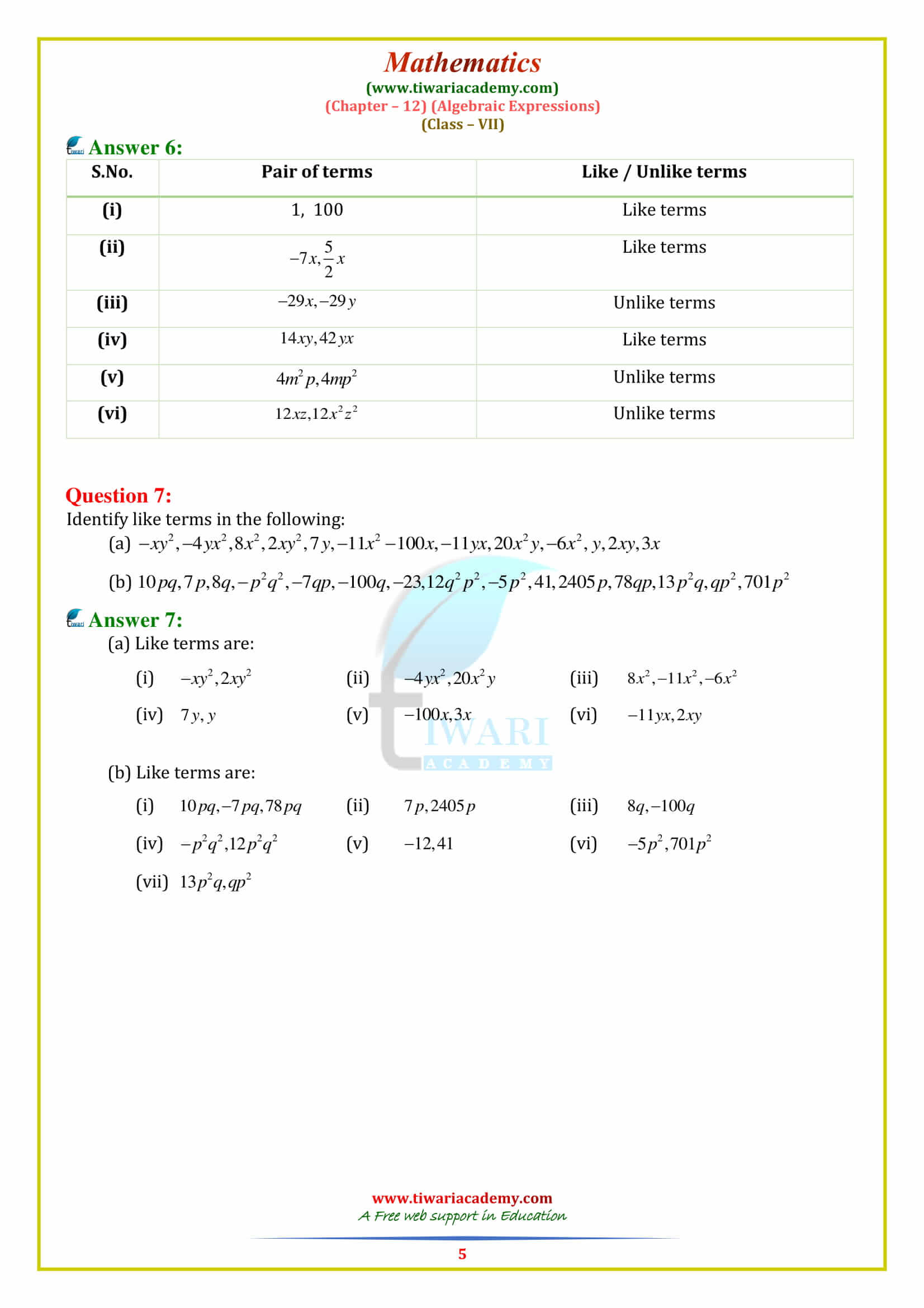 NCERT Solutions for Class 7 Maths Chapter 12 Algebraic Expressions