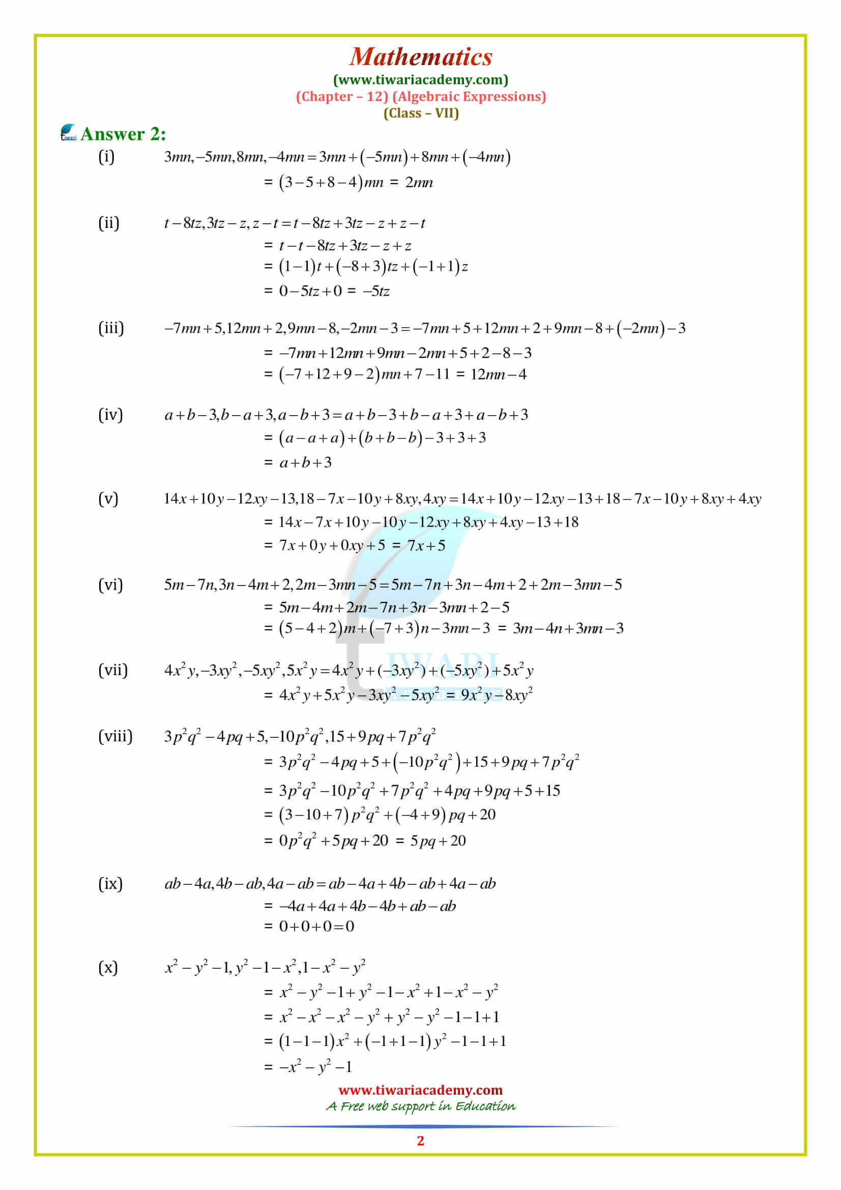 NCERT Solutions for Class 7 Maths Chapter 12 Algebraic Expressions
