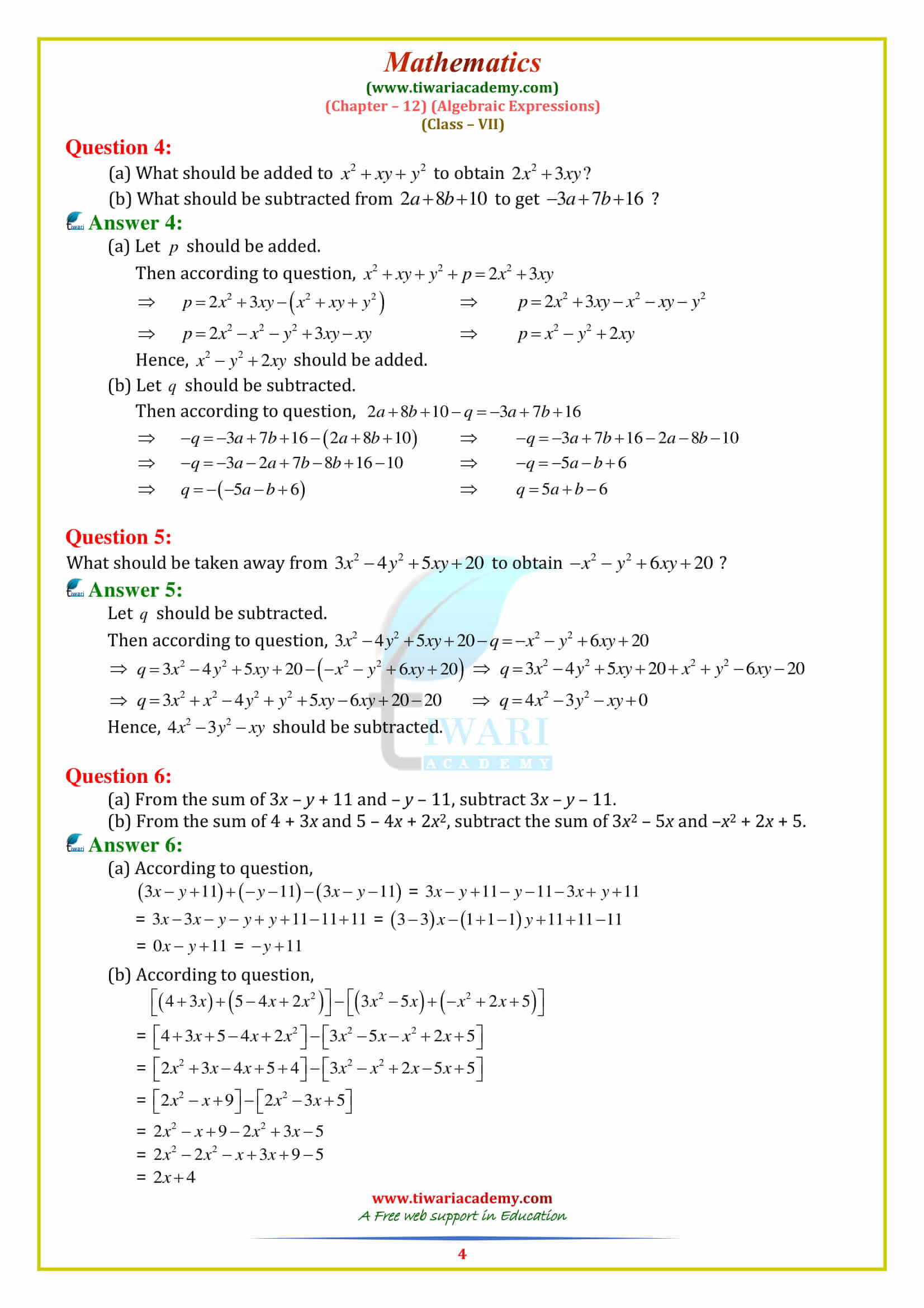 NCERT Solutions for Class 7 Maths Chapter 12 Algebraic Expressions