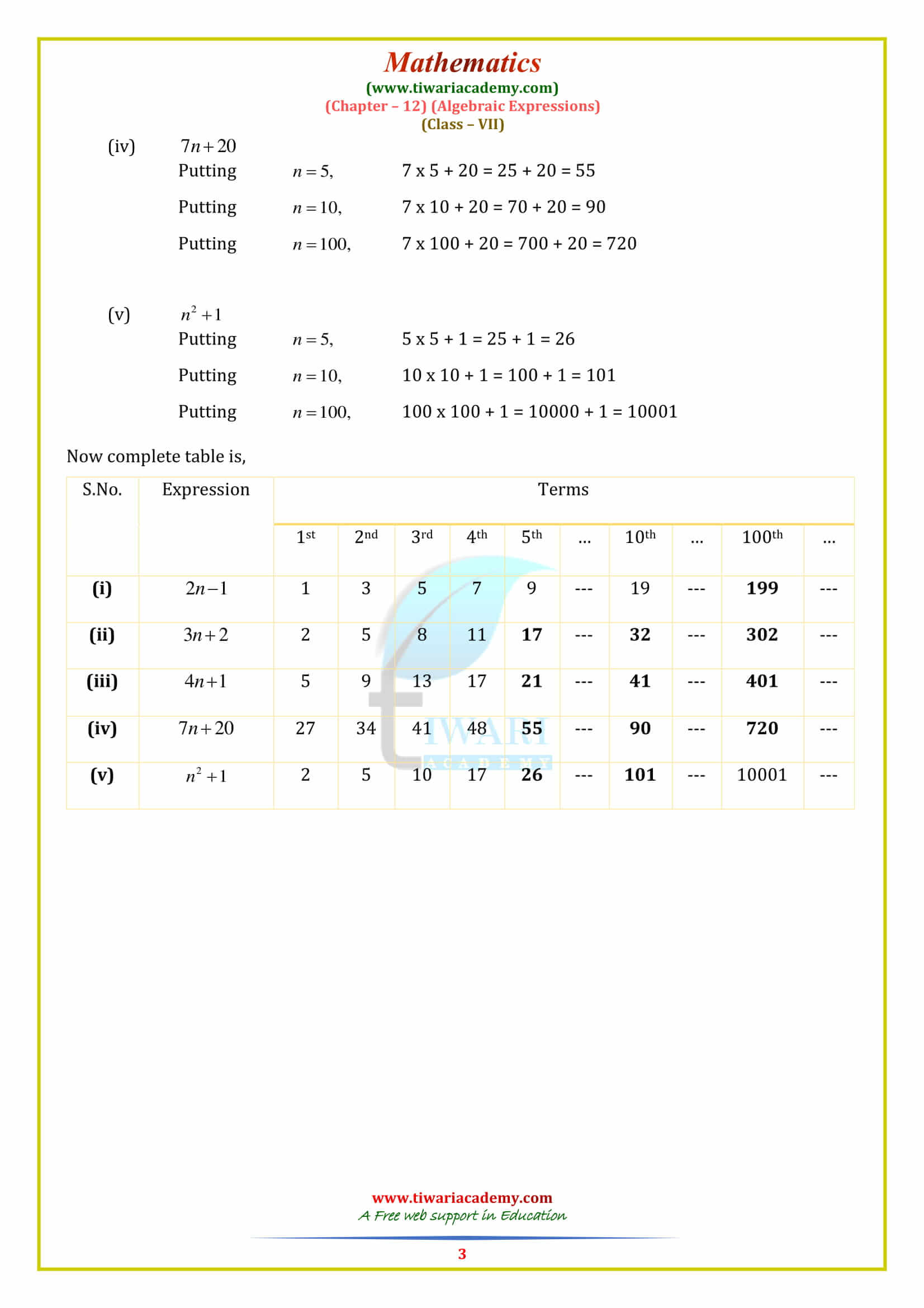 NCERT Solutions for Class 7 Maths Chapter 12 Algebraic Expressions