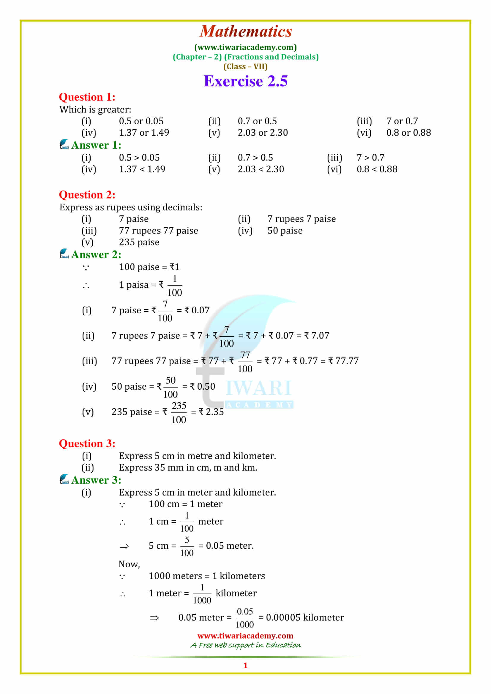 NCERT Solutions for Class 7 Maths Chapter 2 Fractions and Decimals