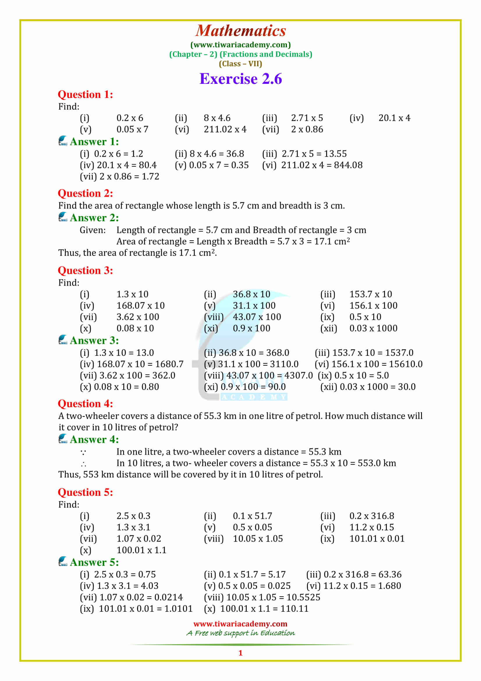 NCERT Solutions for Class 7 Maths Chapter 2 Fractions and Decimals