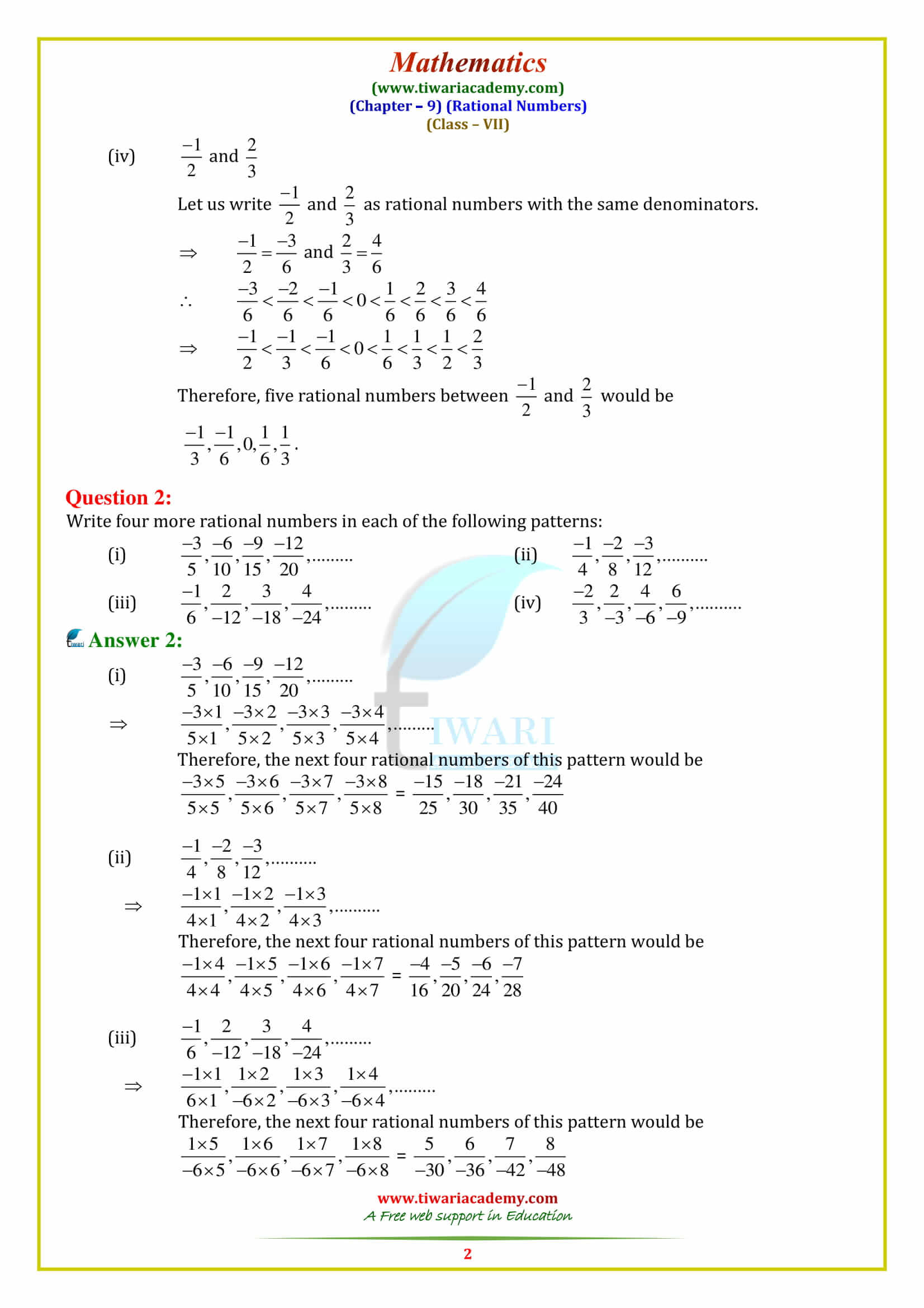 NCERT Solutions for Class 7 Maths Chapter 9 Rational Numbers 2022-23.