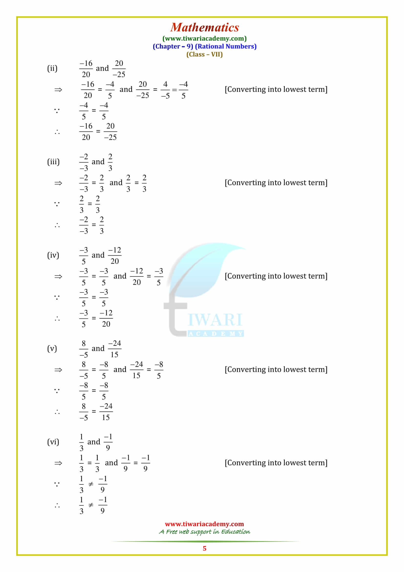 NCERT Solutions for Class 7 Maths Chapter 9 Rational Numbers 2022-23.