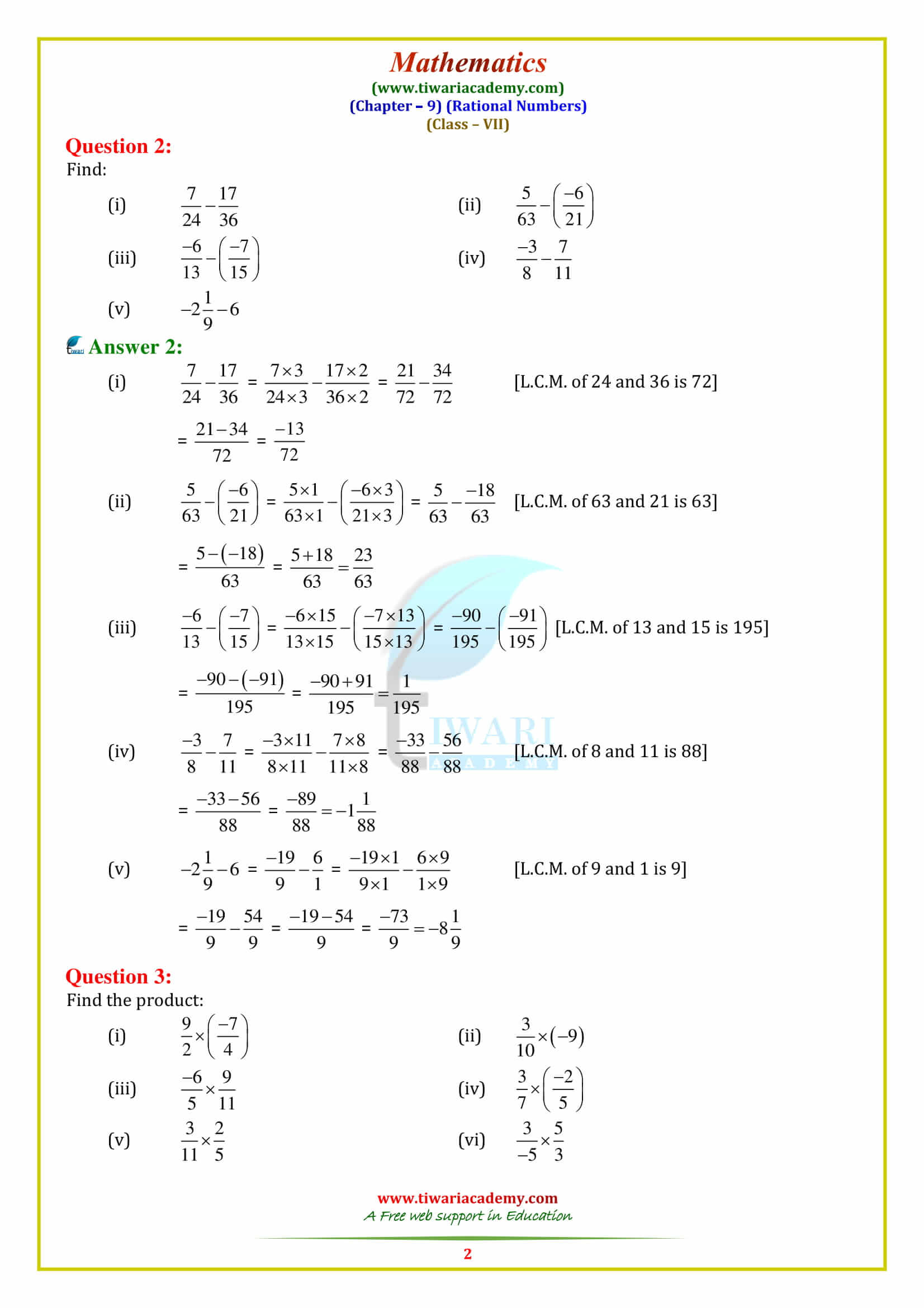 NCERT Solutions for Class 7 Maths Chapter 9 Rational Numbers