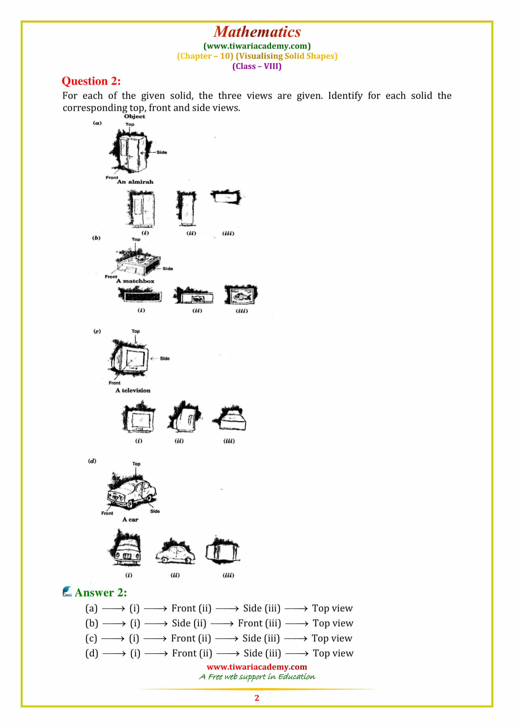 NCERT Solutions for Class 8 Maths Chapter 10 VISUALISING SOLID SHAPES
