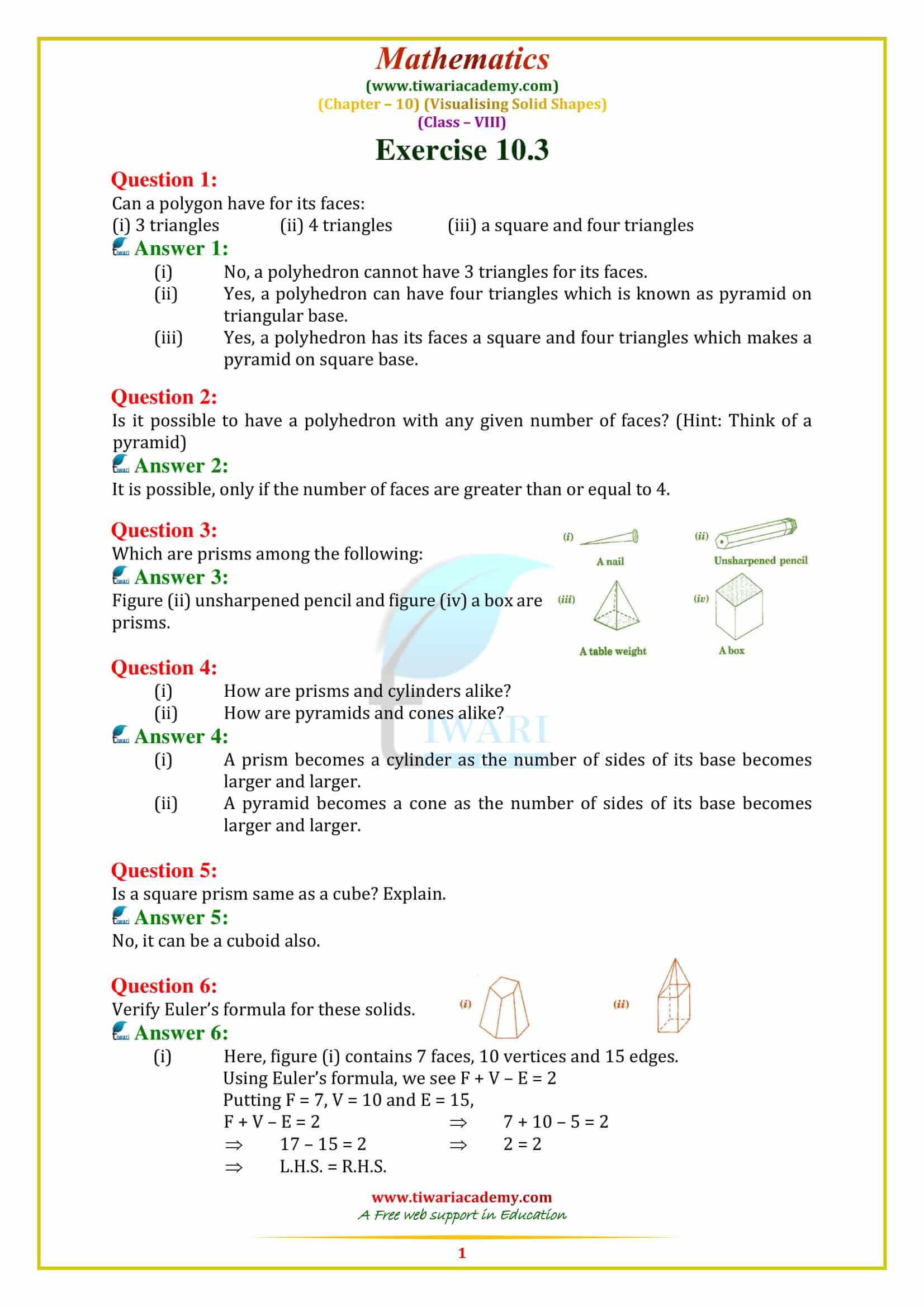 NCERT Solutions for Class 8 Maths Chapter 10 VISUALISING SOLID SHAPES