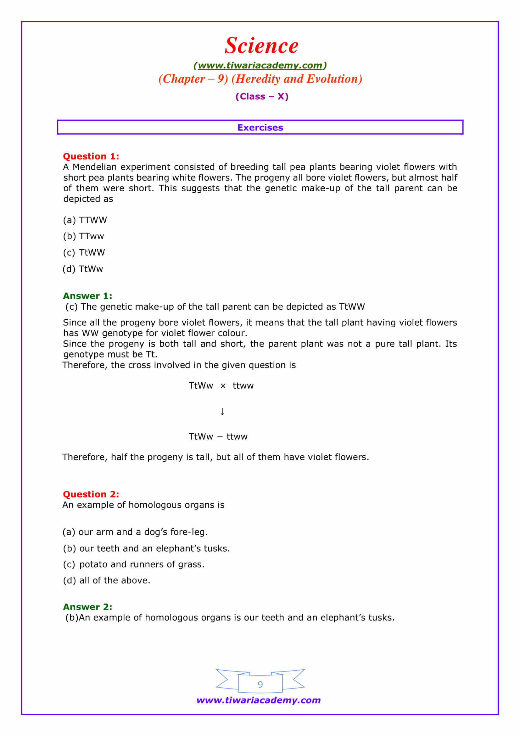 Ncert Solutions For Class 10 Science Chapter 9 Heredity And Evolution
