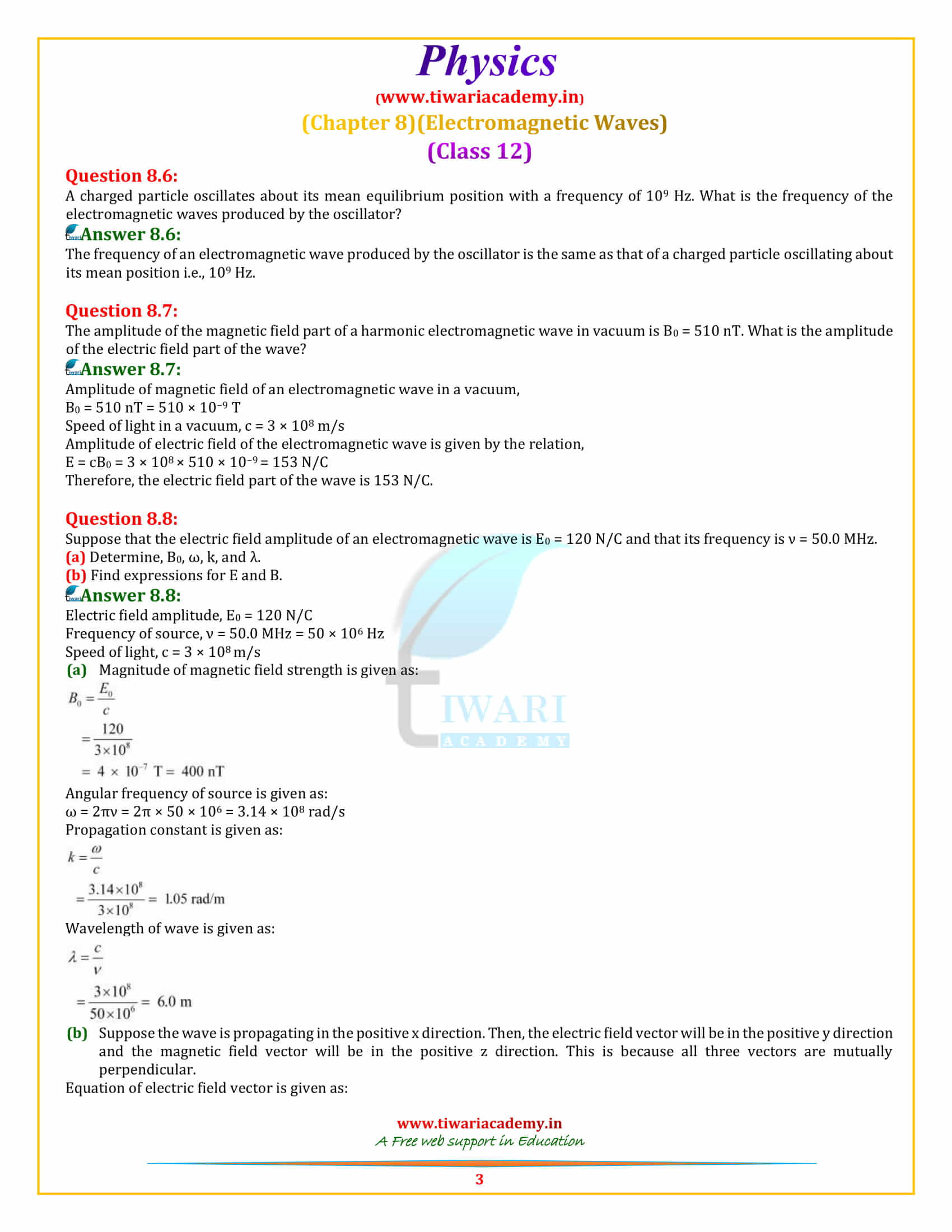 NCERT Solutions for Class 12 Physics Chapter 8 Electromagnetic Waves