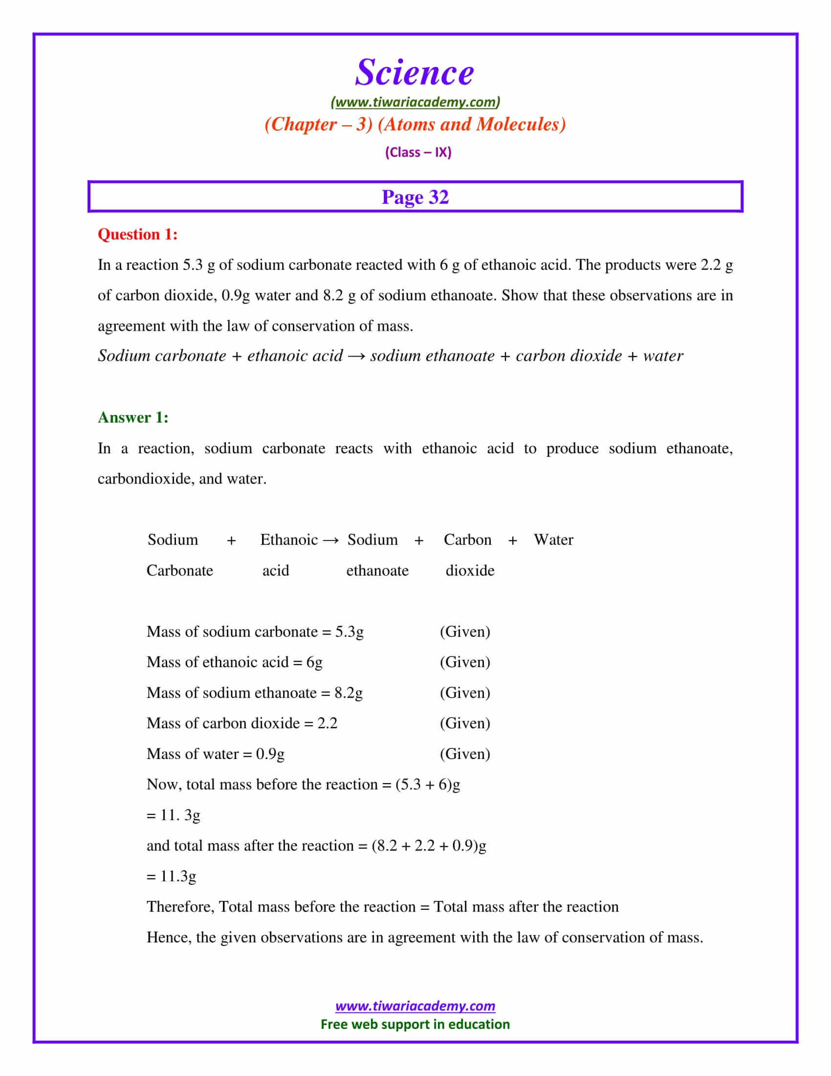 NCERT Solutions for Class 9 Science Chapter 3 Atoms and Molecules PDF