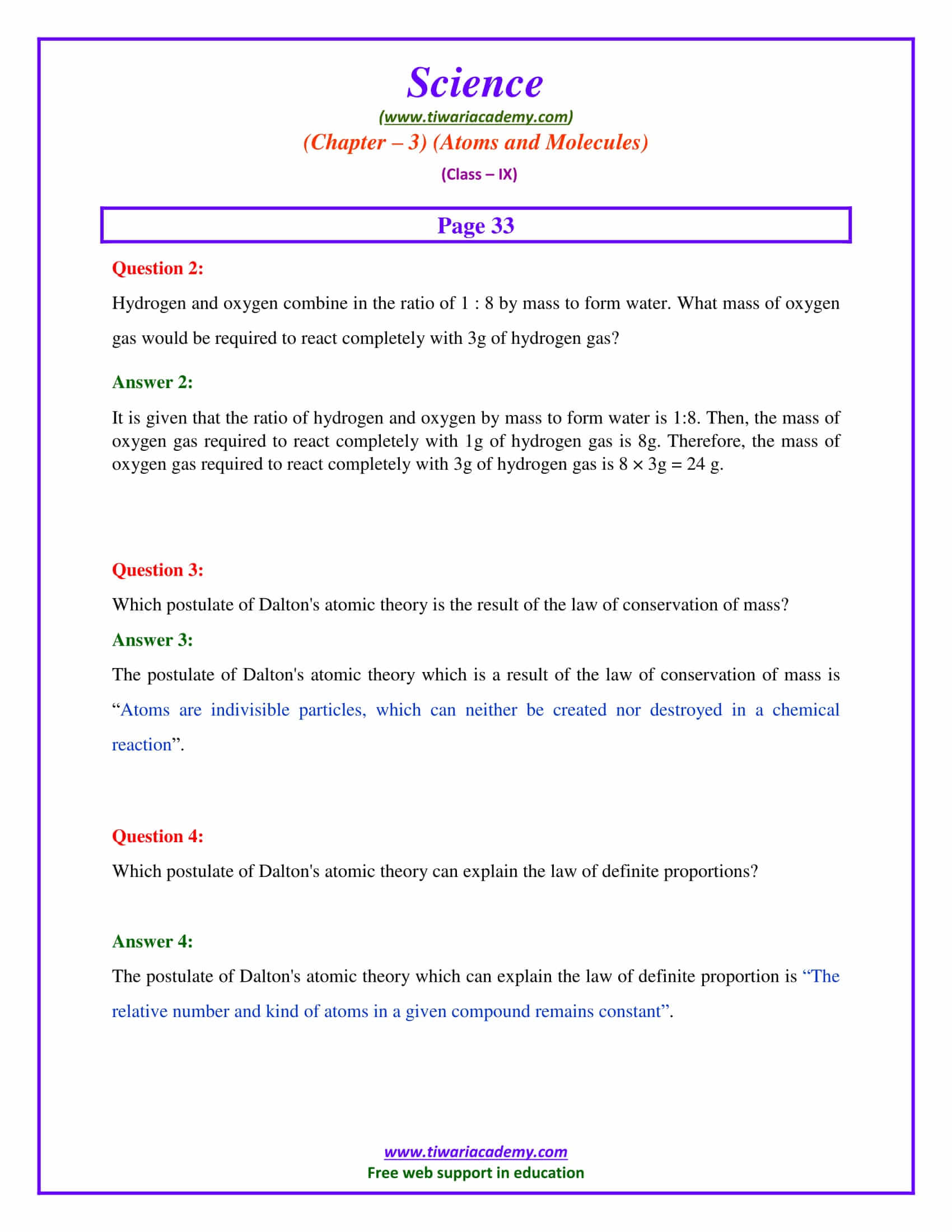 NCERT Solutions for Class 9 Science Chapter 3 Atoms and Molecules PDF
