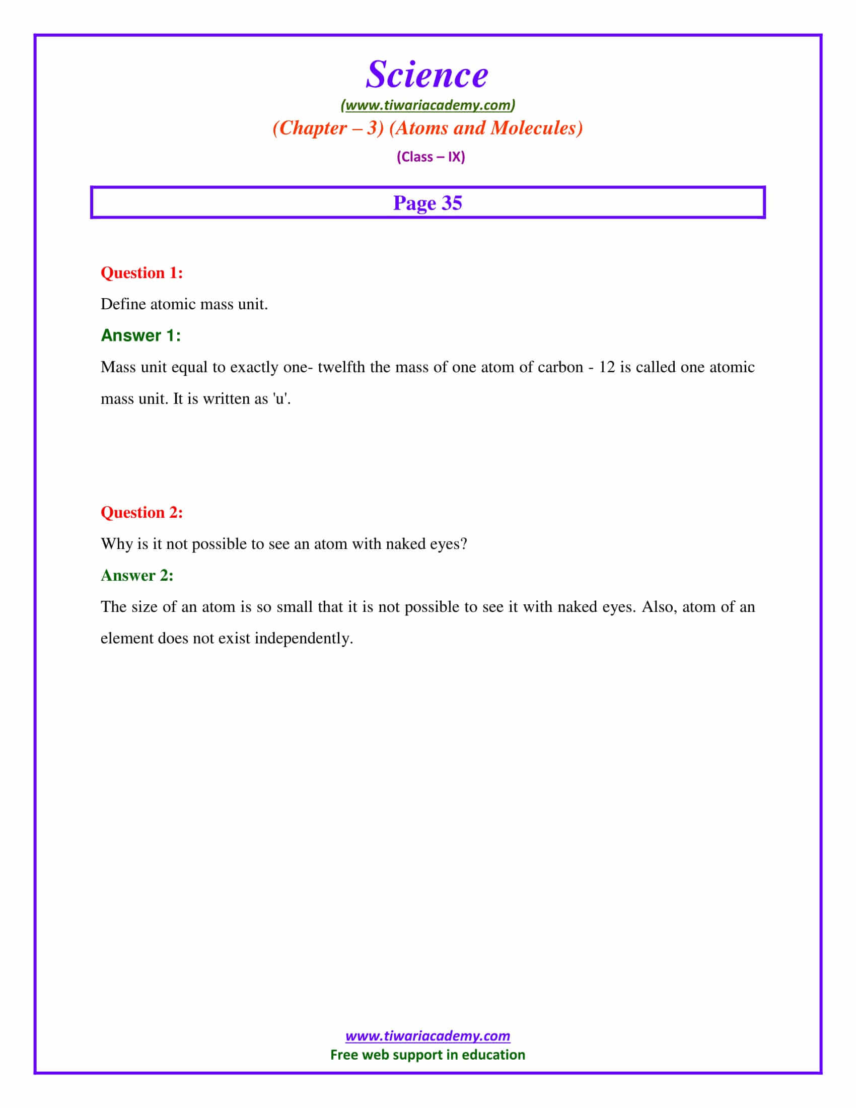 NCERT Solutions for Class 9 Science Chapter 3 Atoms and Molecules PDF