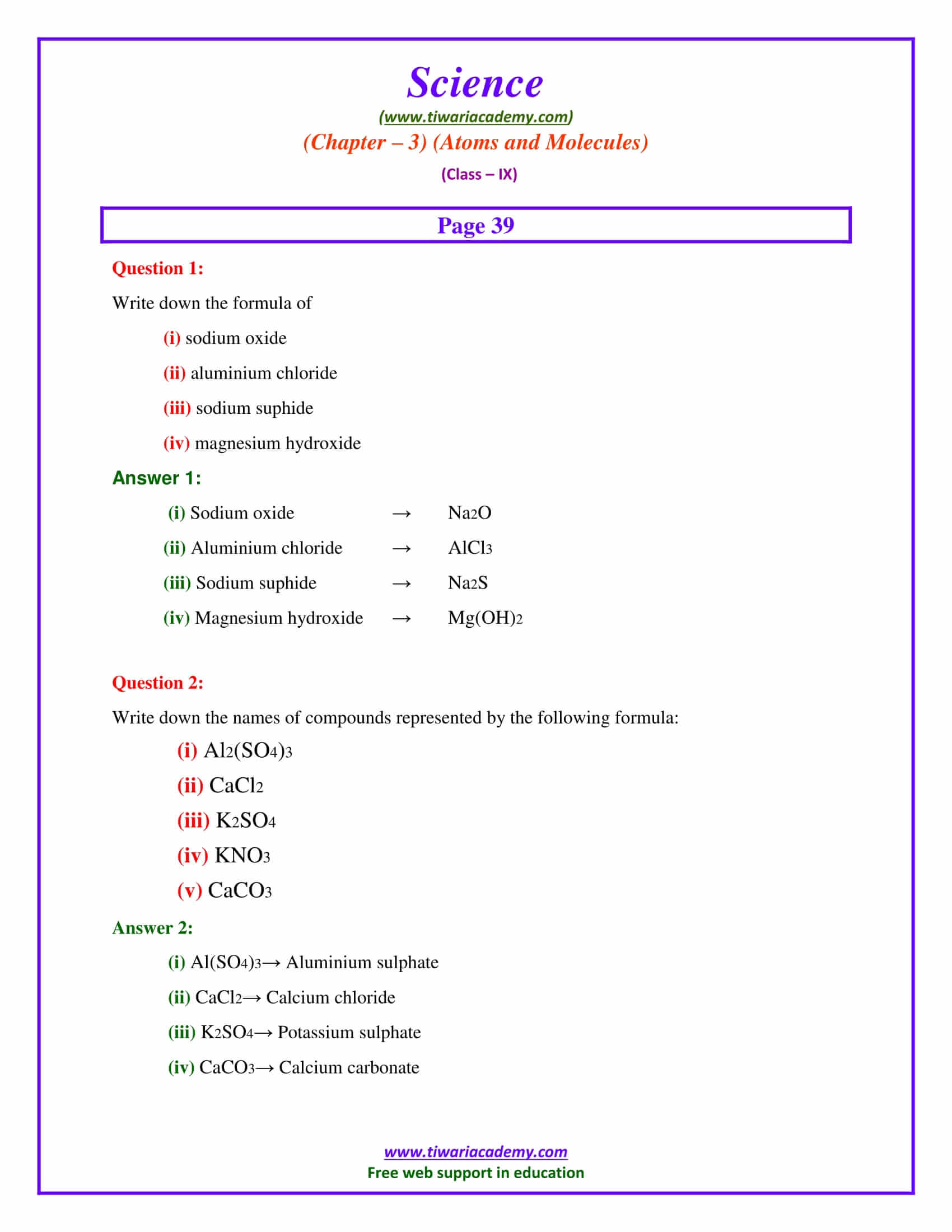 NCERT Solutions for Class 9 Science Chapter 3 Atoms and Molecules PDF