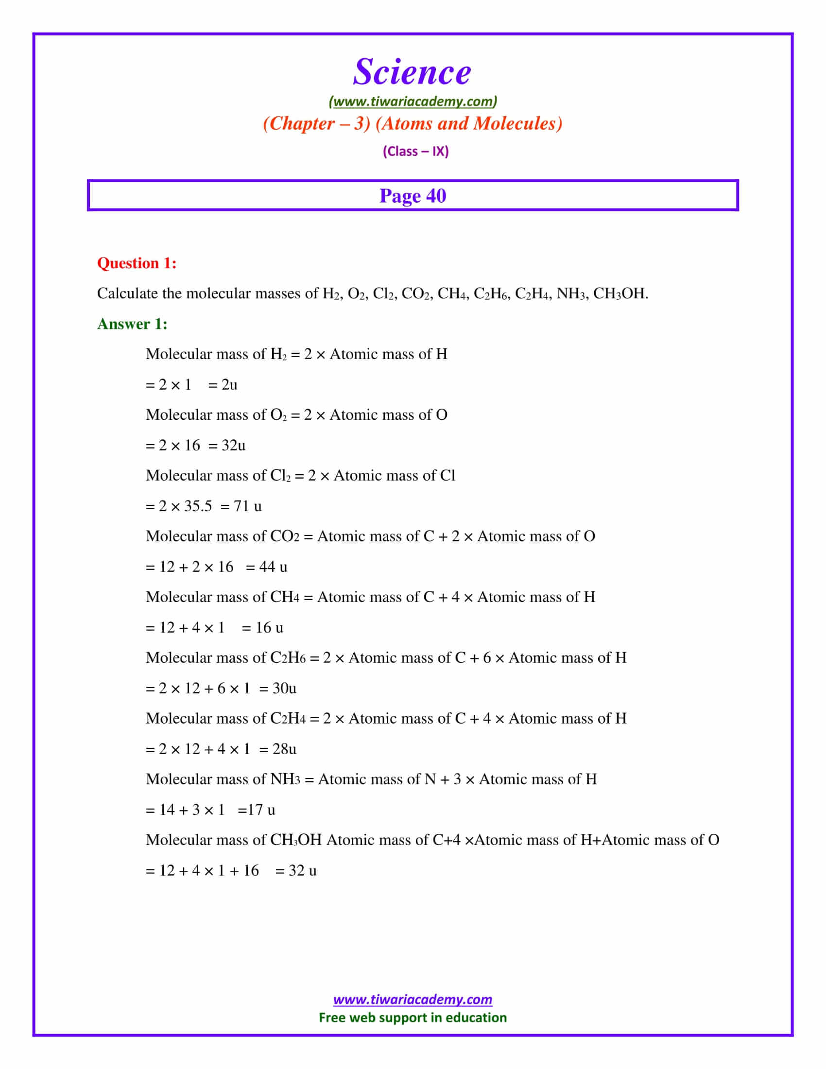 NCERT Solutions for Class 9 Science Chapter 3 Atoms and Molecules PDF