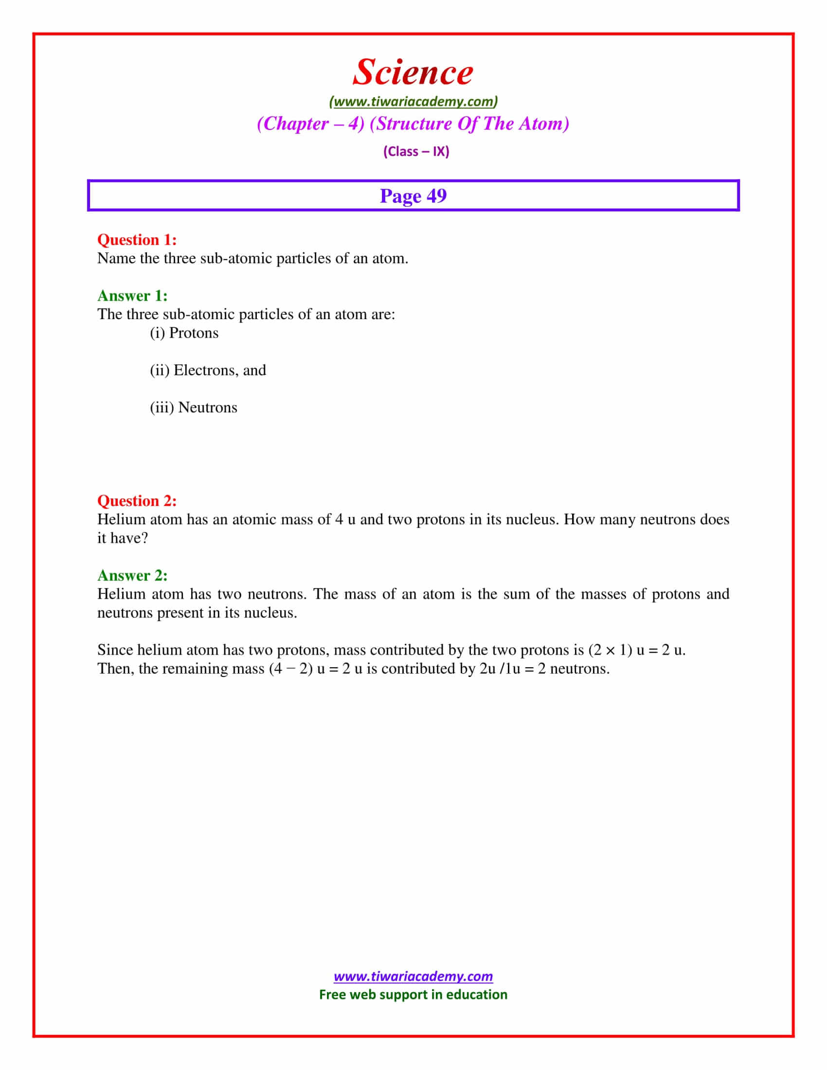 NCERT Solutions for Class 9 Science Chapter 4 Structure of the Atom