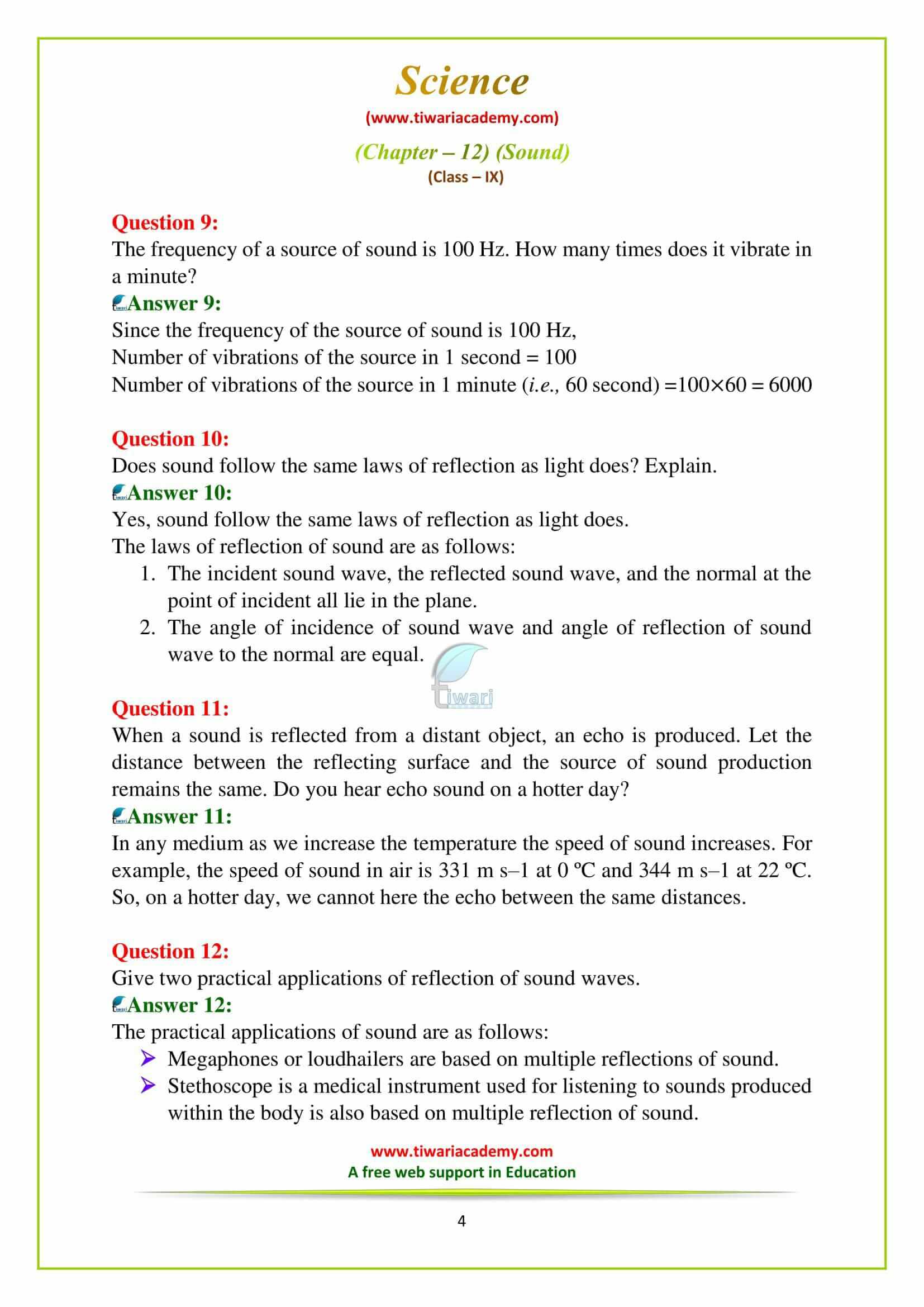 NCERT Solutions for Class 9 Science Chapter 12 Sound in PDF 2022-23.