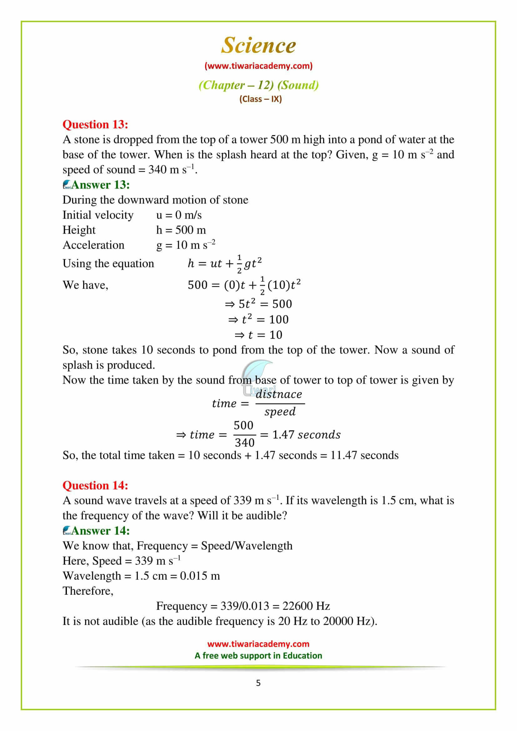 NCERT Solutions for Class 9 Science Chapter 12 Sound in PDF 2022-23.