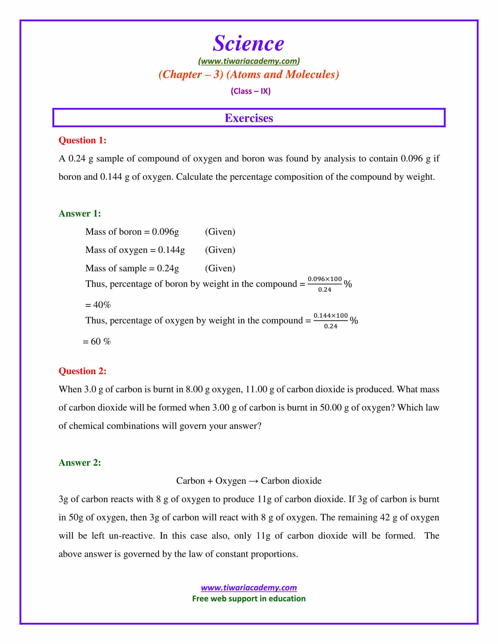 NCERT Solutions for Class 9 Science Chapter 3 Atoms and Molecules PDF