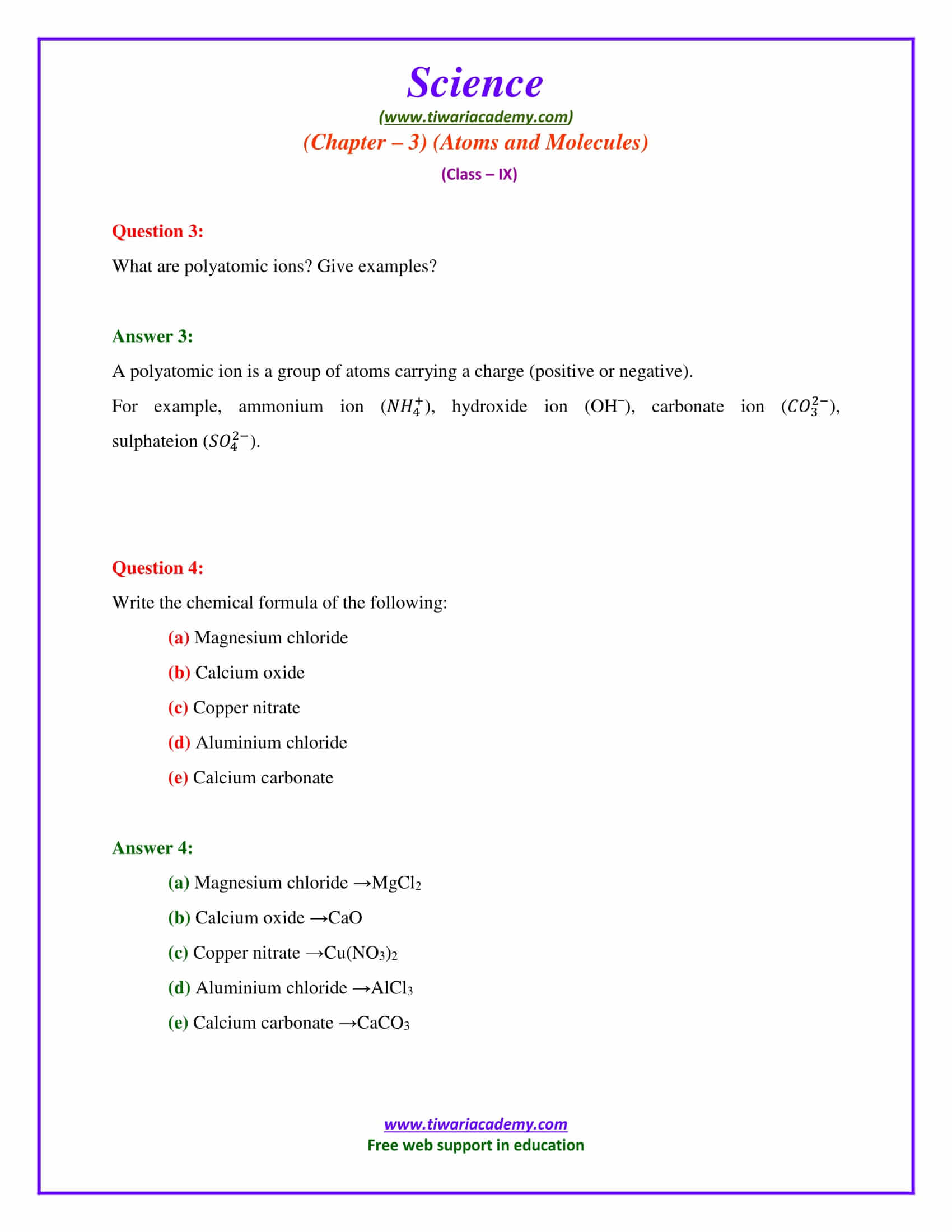NCERT Solutions for Class 9 Science Chapter 3 Atoms and Molecules PDF