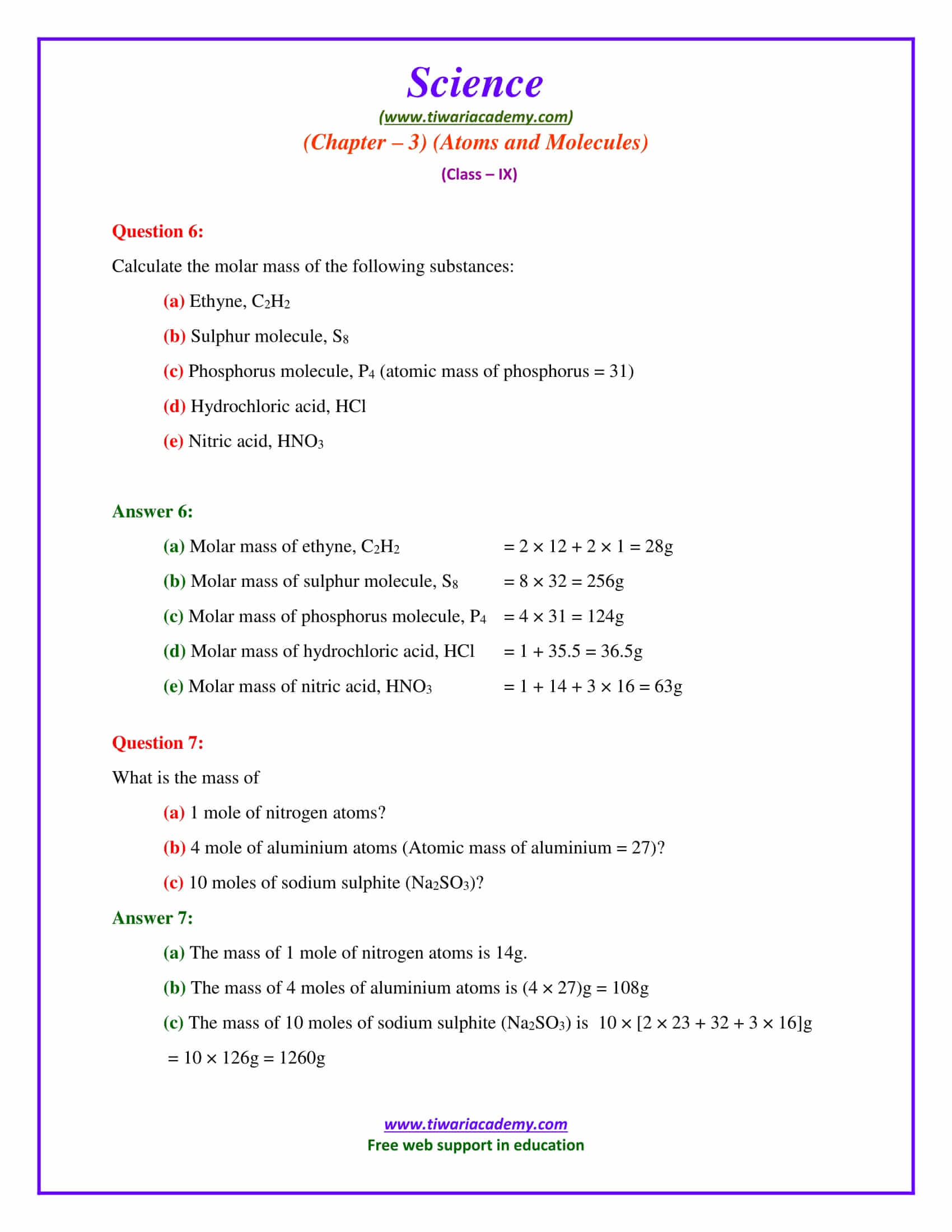 NCERT Solutions for Class 9 Science Chapter 3 Atoms and Molecules PDF