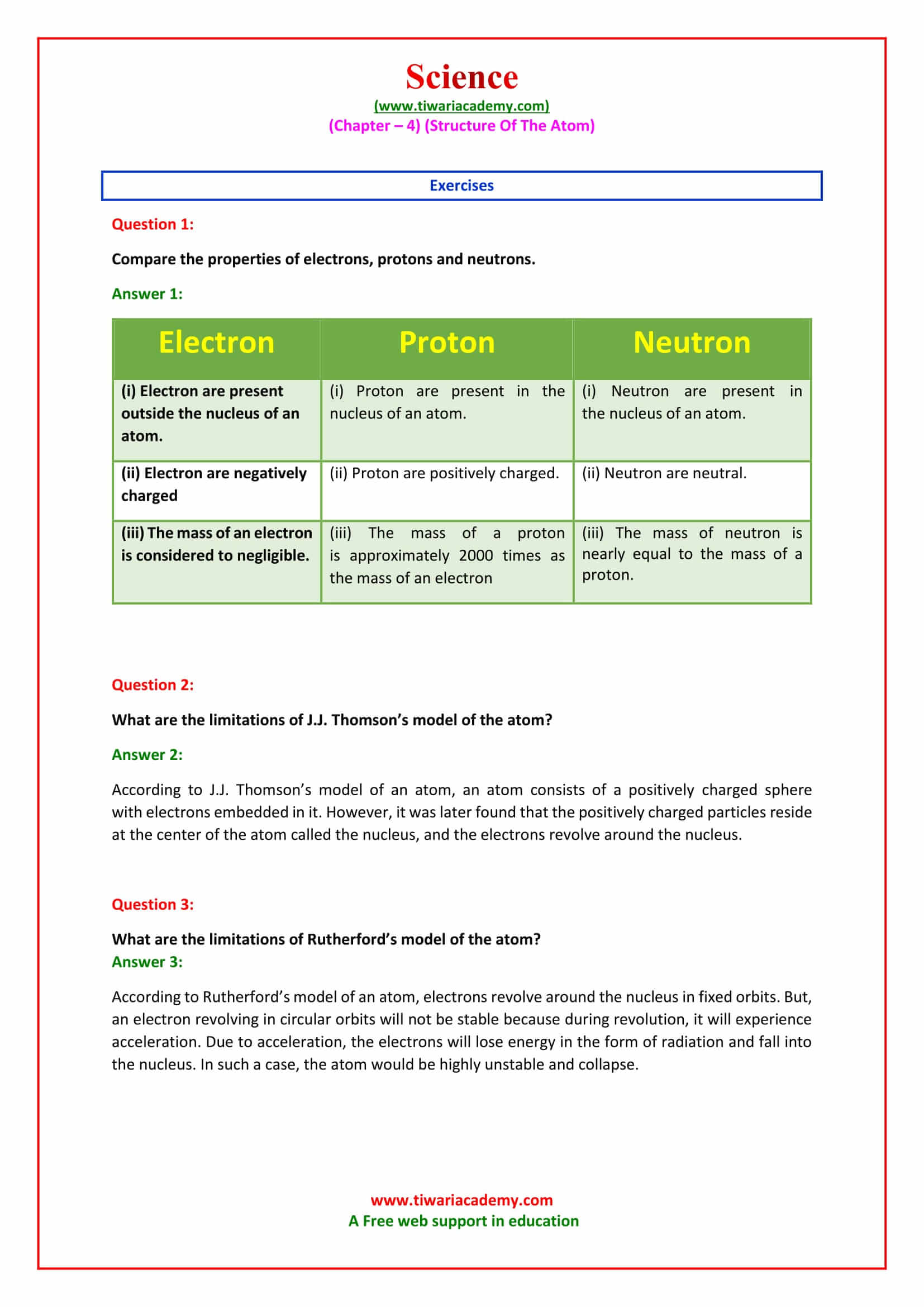 NCERT Solutions for Class 9 Science Chapter 4 Structure of the Atom