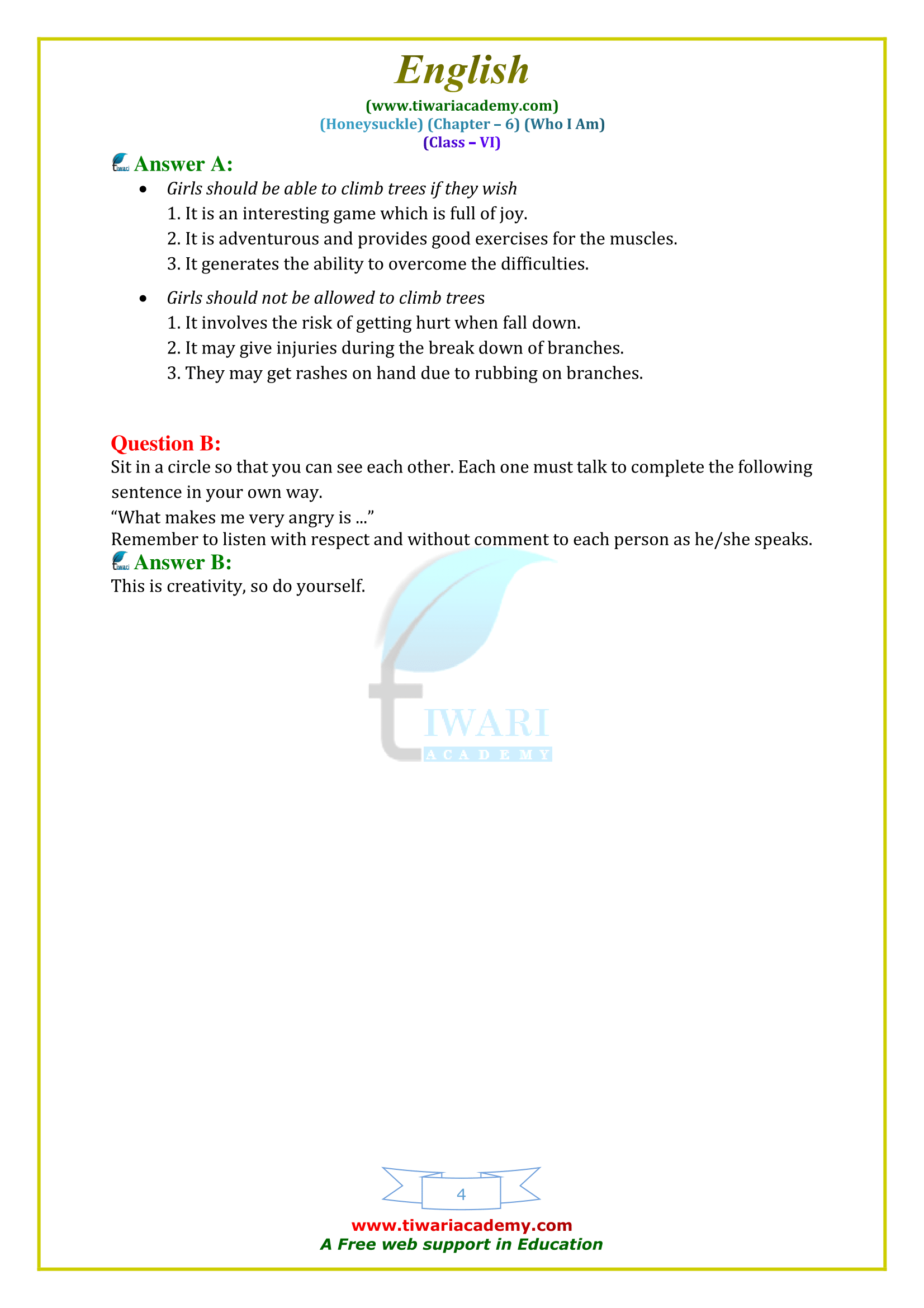 NCERT Solutions for Class 6 English Honeysuckle Chapter 6 in PDF form