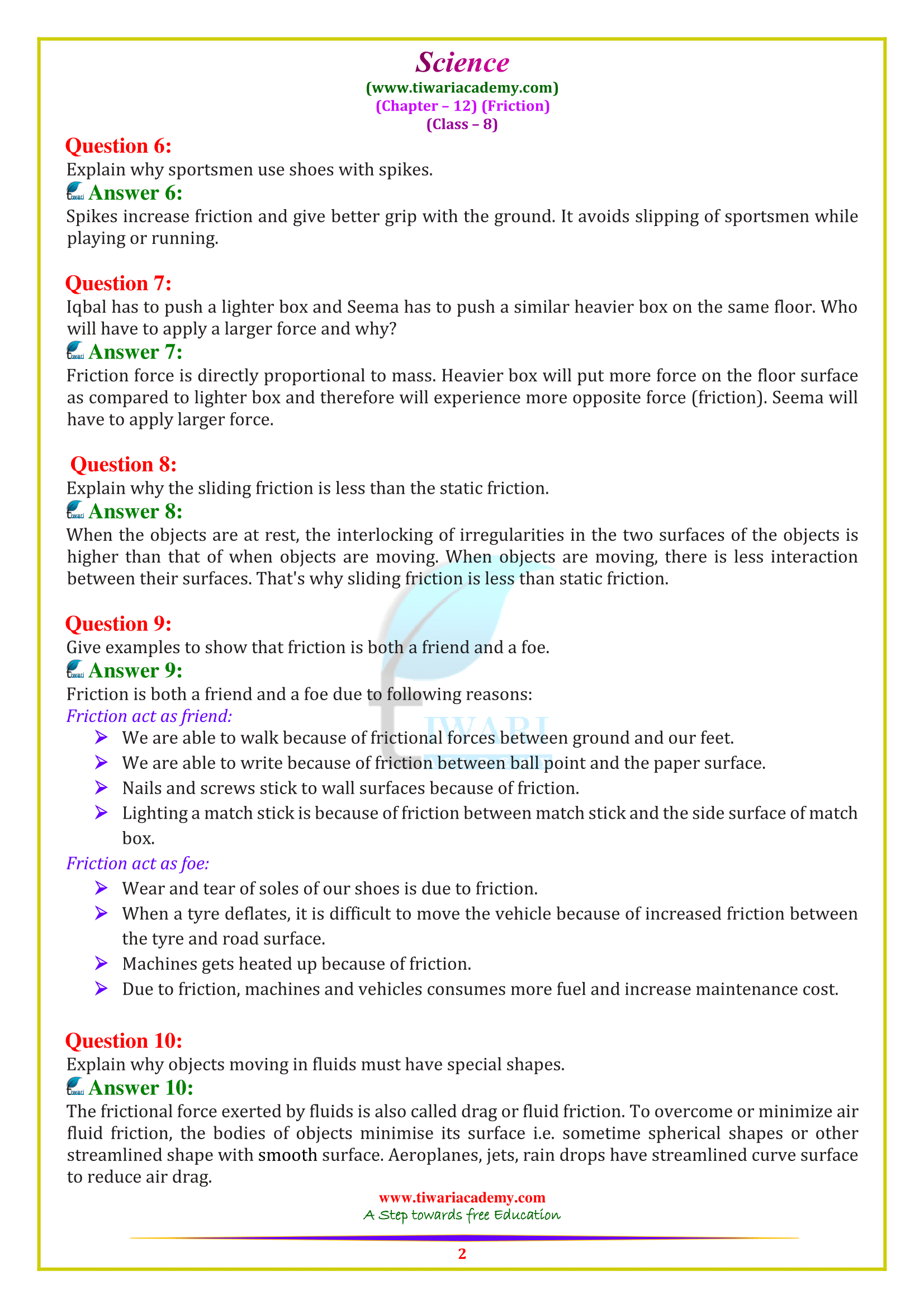 NCERT Solutions for Class 8 Science Chapter 12 Friction in PDF 2022-23