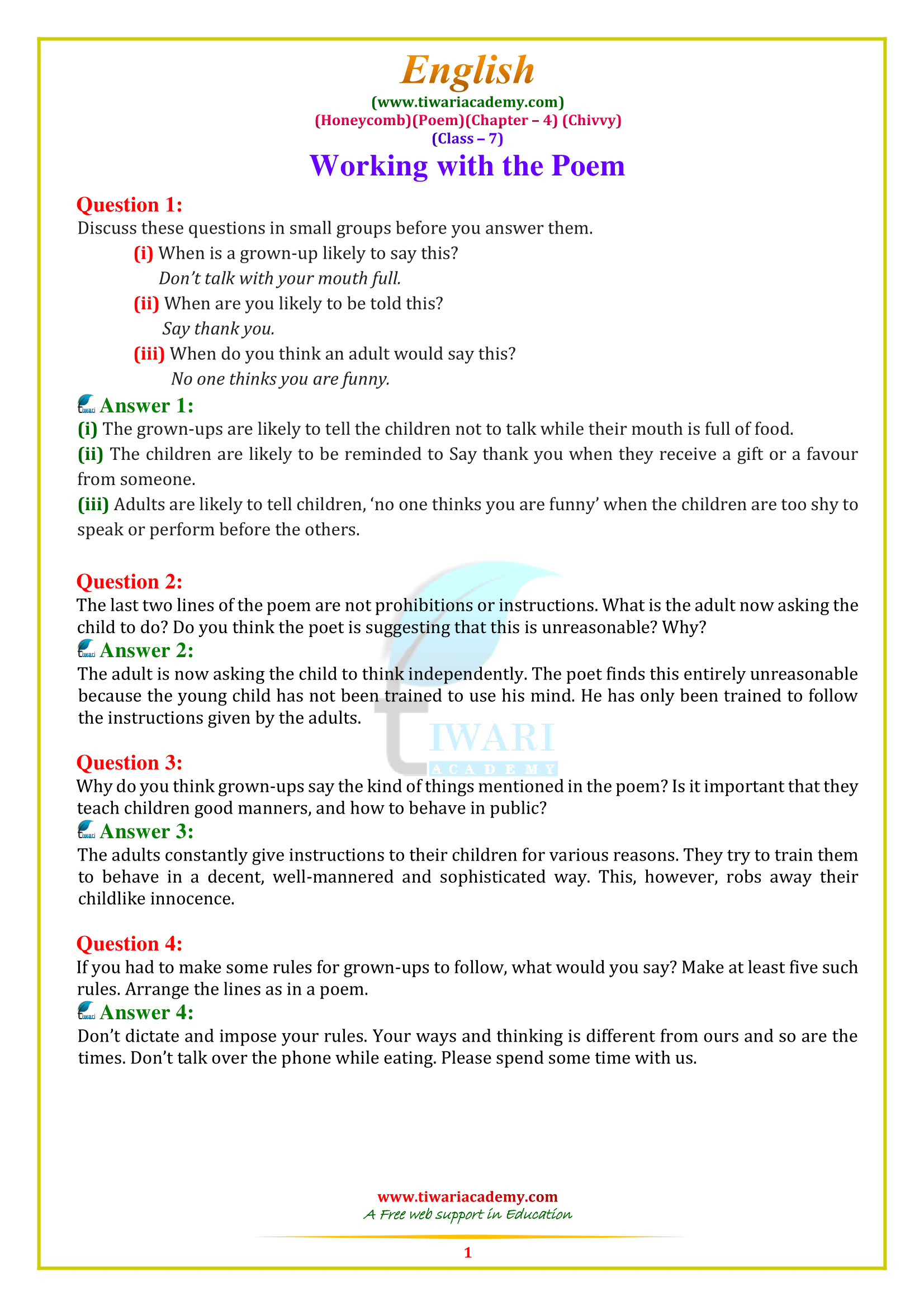 NCERT Solutions for Class 7 English Honeycomb Chapter 4 in PDF 2022-23