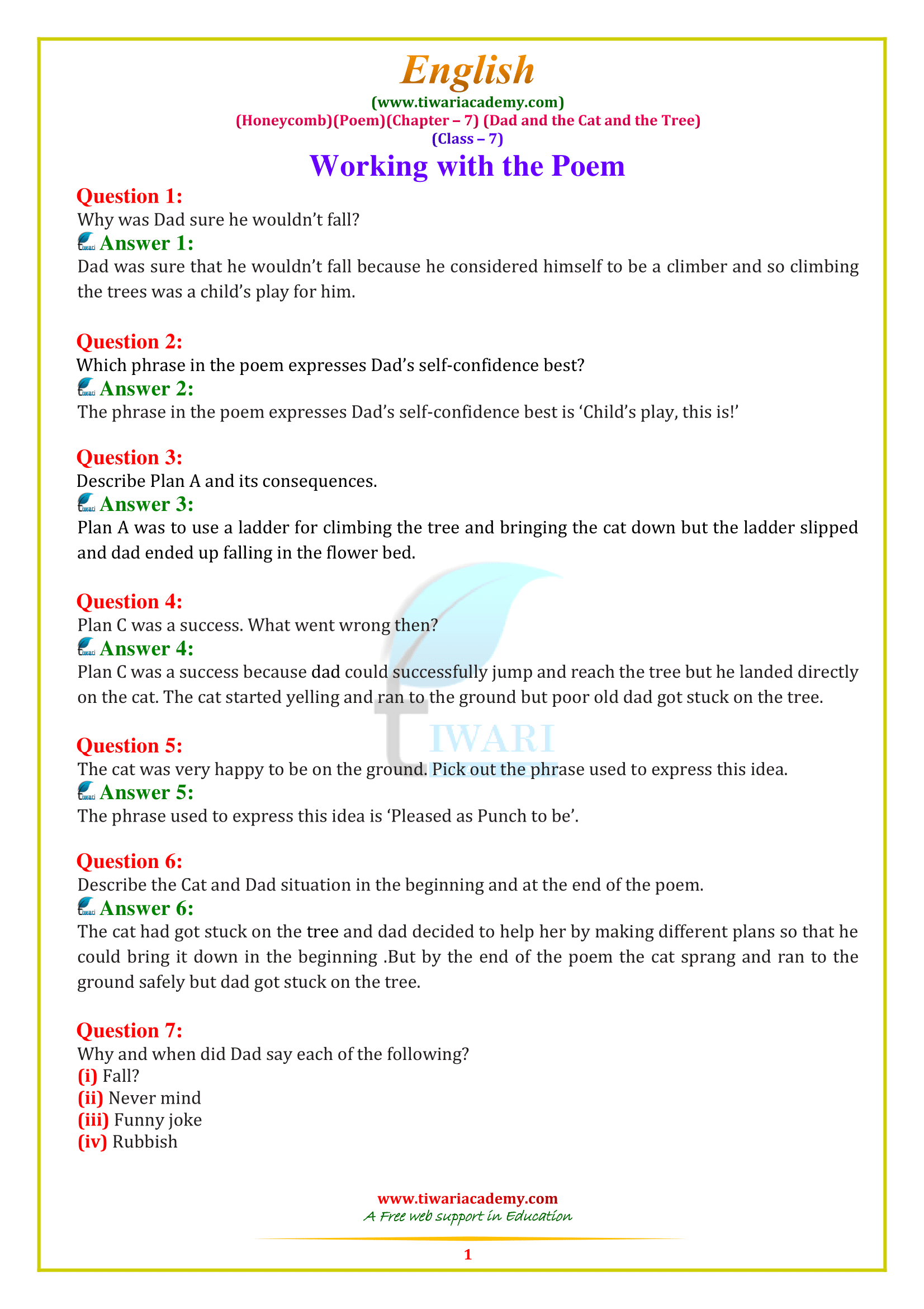 NCERT Solutions for Class 7 English Honeycomb Chapter 7 in PDF