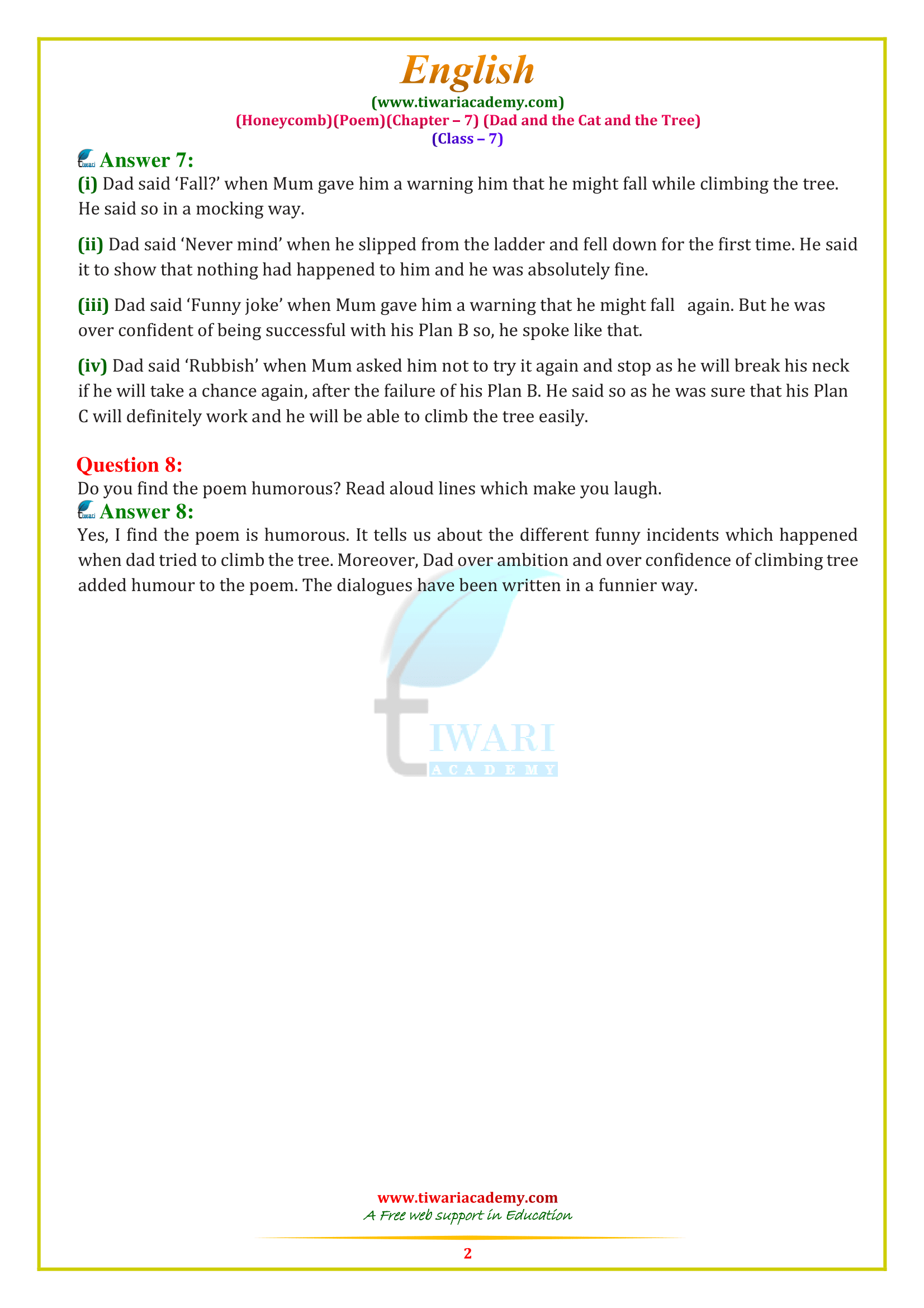 NCERT Solutions for Class 7 English Honeycomb Chapter 7 in PDF