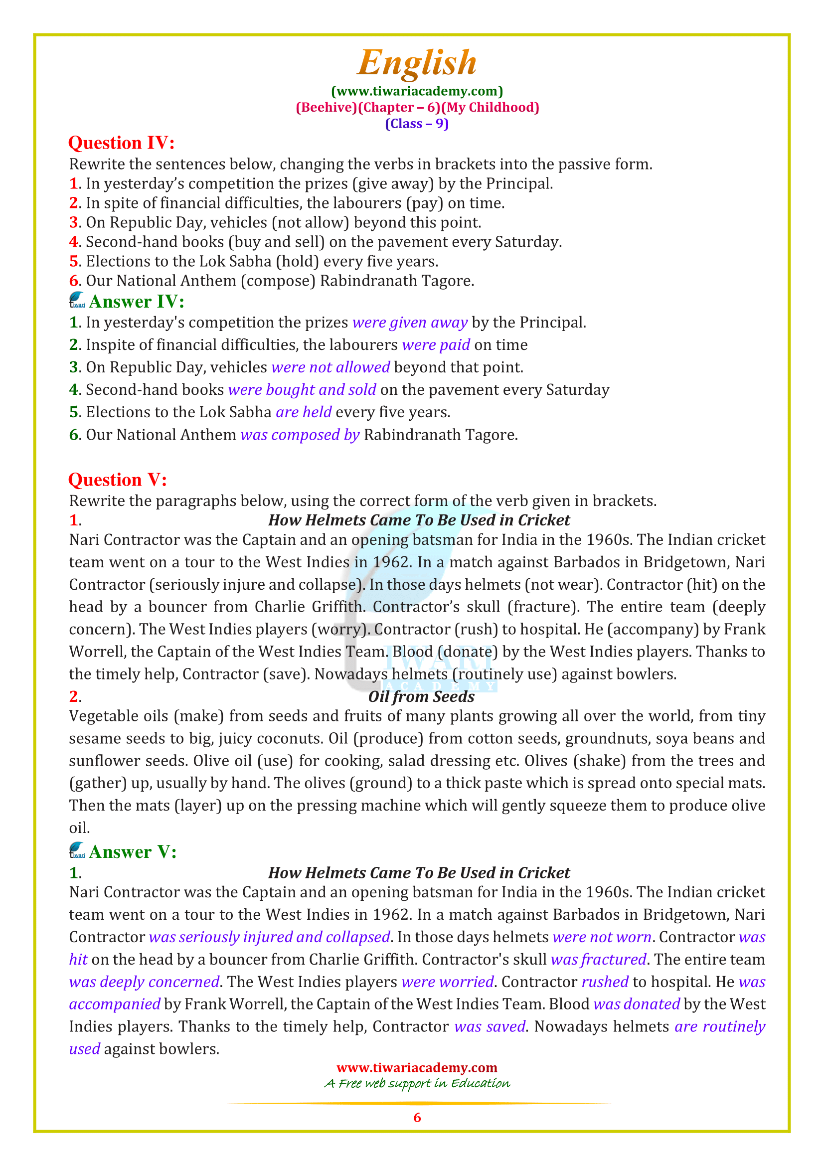 NCERT Solutions for Class 9 English Beehive Chapter 6 My Childhood