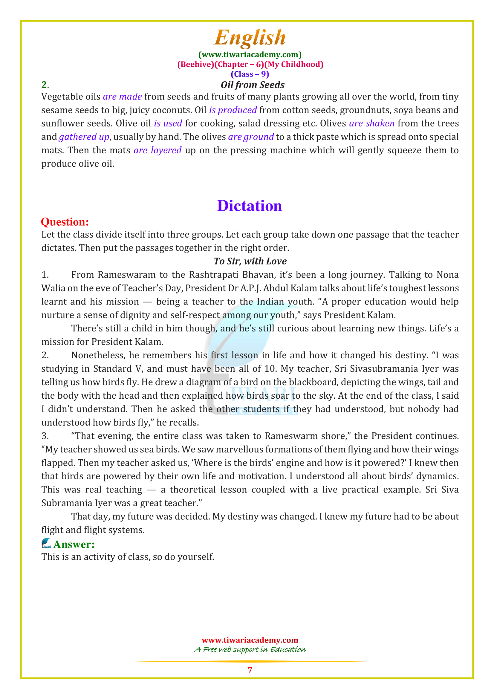 NCERT Solutions for Class 9 English Beehive Chapter 6 My Childhood