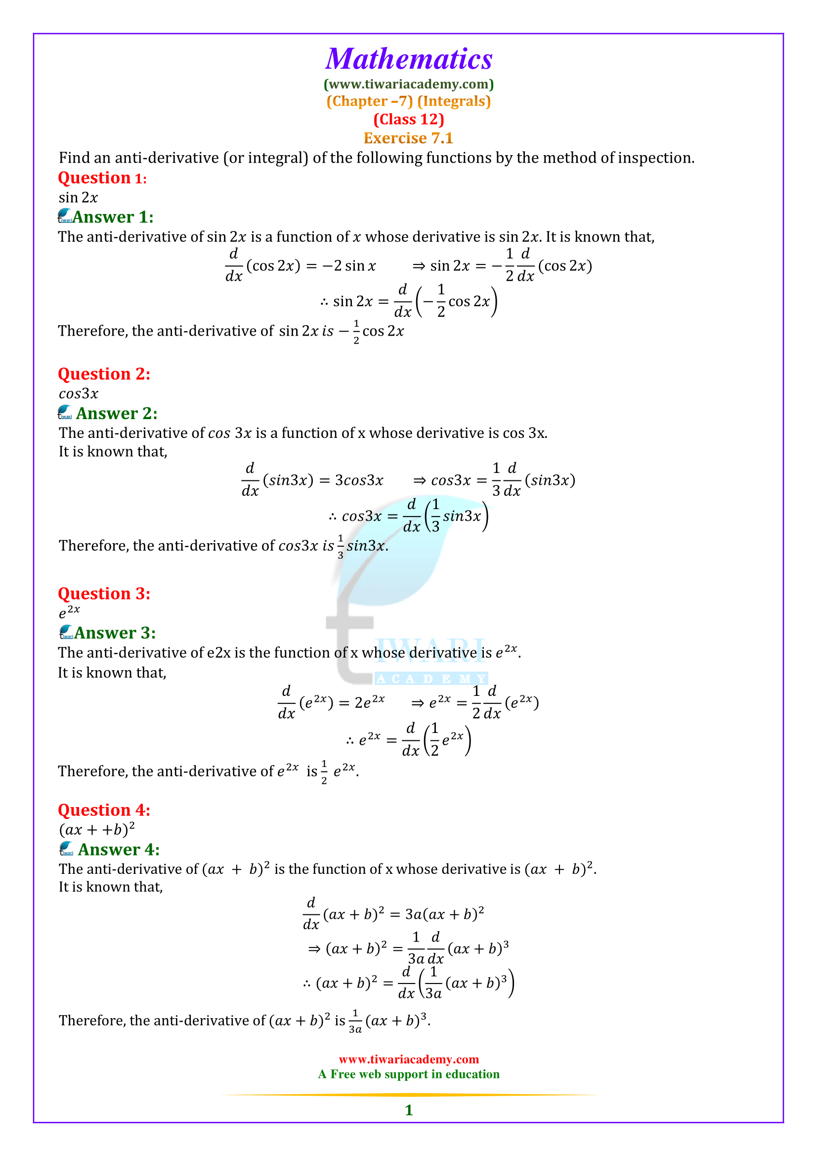 NCERT Solutions for Class 12 Maths Chapter 7 Exercise 7.1 Integrals