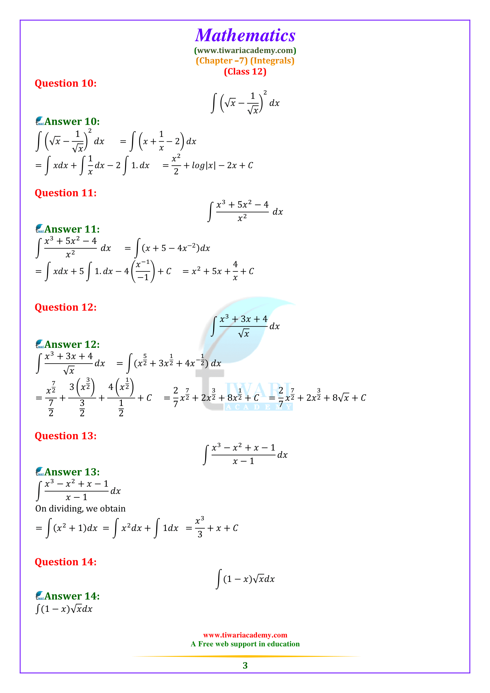 NCERT Solutions for Class 12 Maths Chapter 7 Exercise 7.1 Integrals
