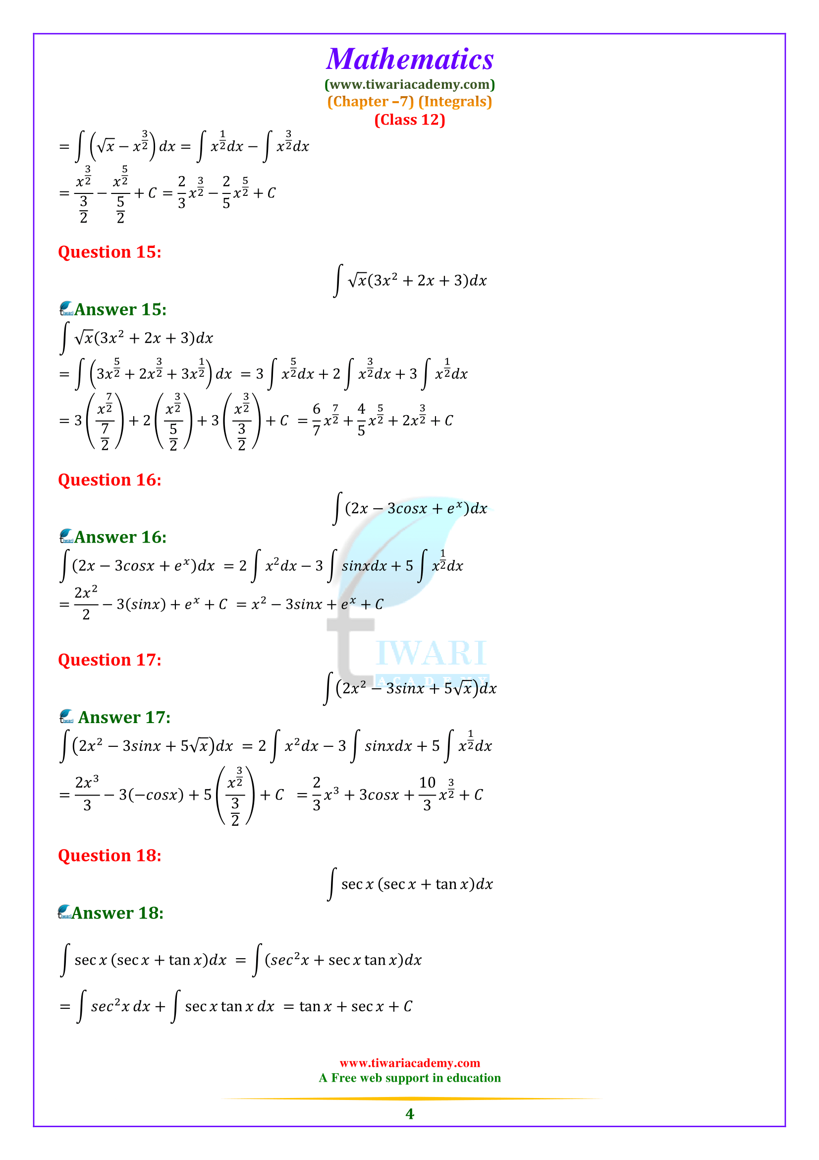 NCERT Solutions for Class 12 Maths Chapter 7 Exercise 7.1 Integrals