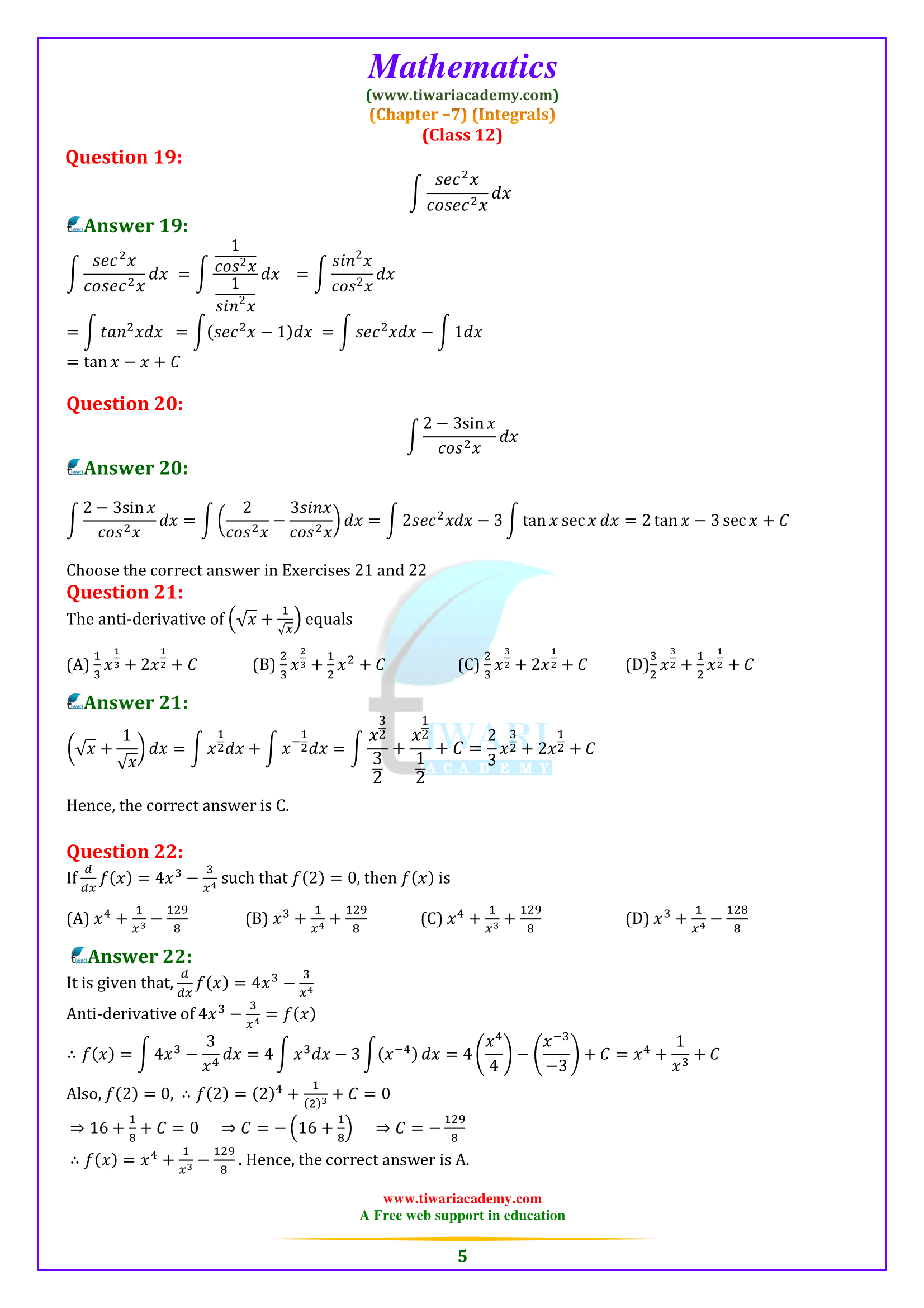 NCERT Solutions for Class 12 Maths Chapter 7 Exercise 7.1 Integrals