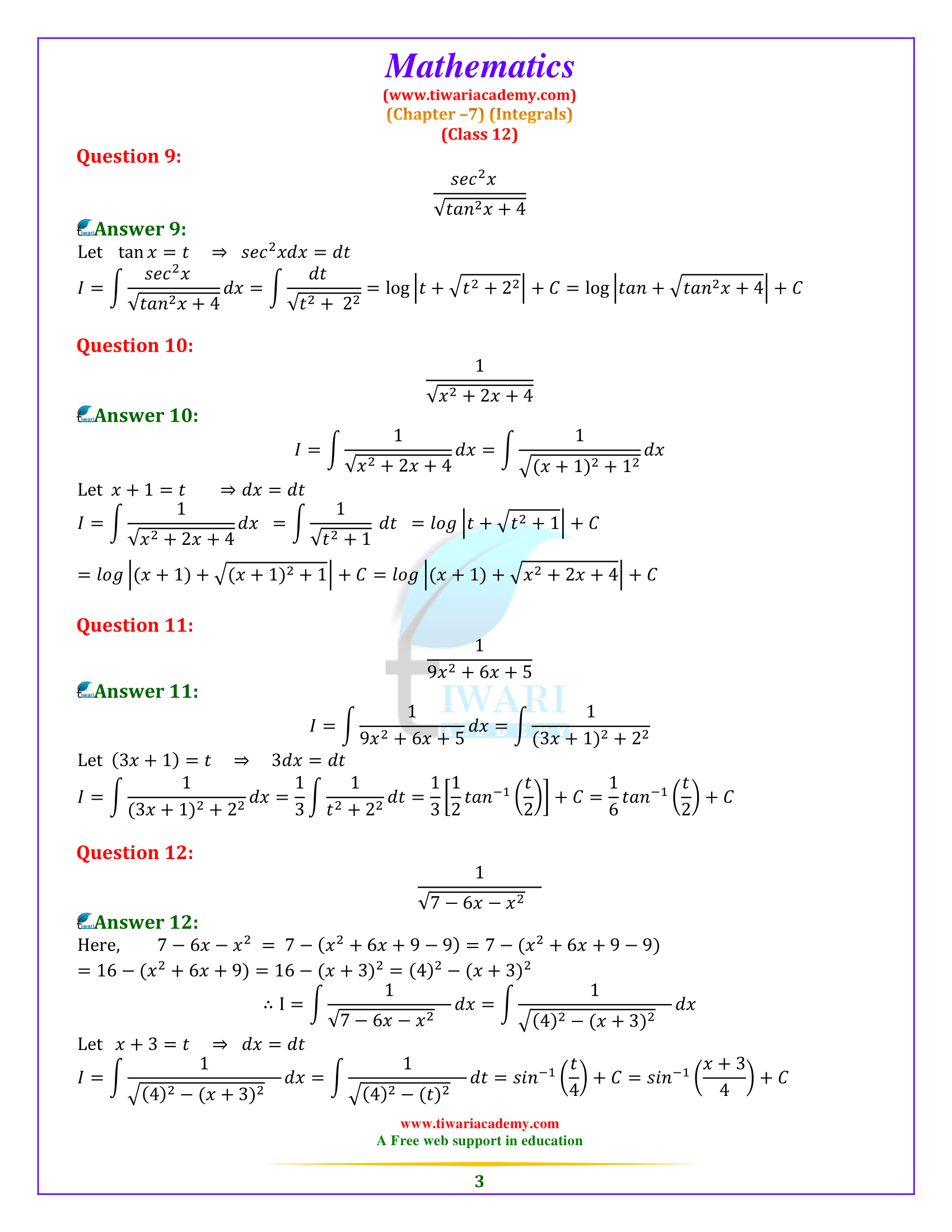NCERT Solutions for Class 12 Maths Chapter 7 Exercise 7.4 Integrals