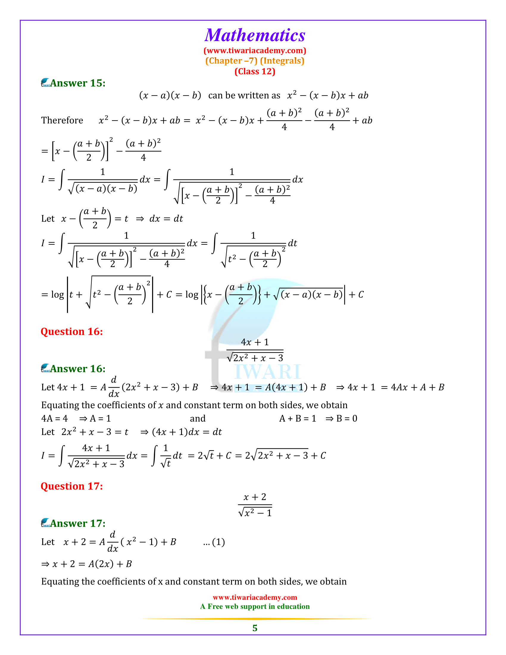 NCERT Solutions for Class 12 Maths Chapter 7 Exercise 7.4 Integrals
