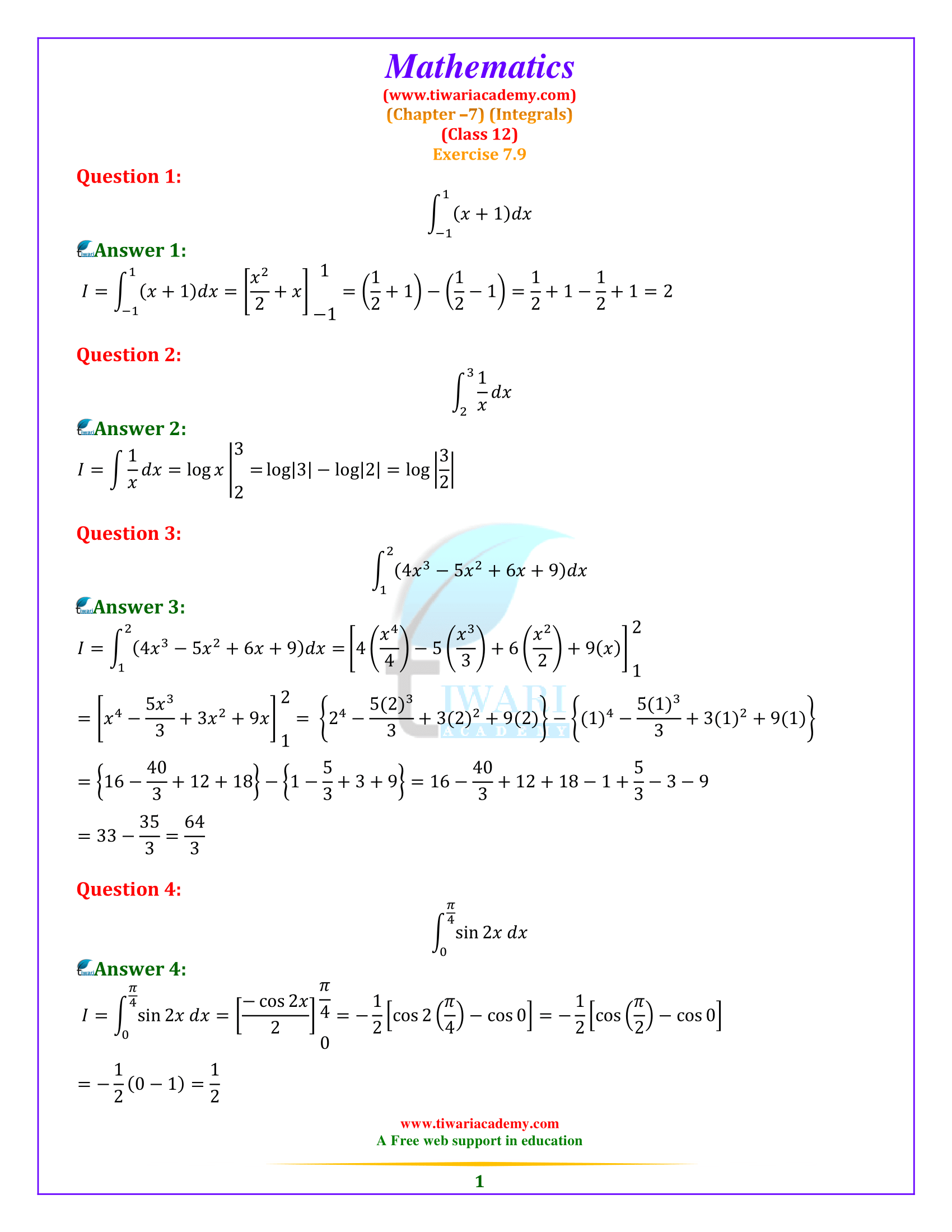 NCERT Solutions for Class 12 Maths Chapter 7 Exercise 7.9 Integrals