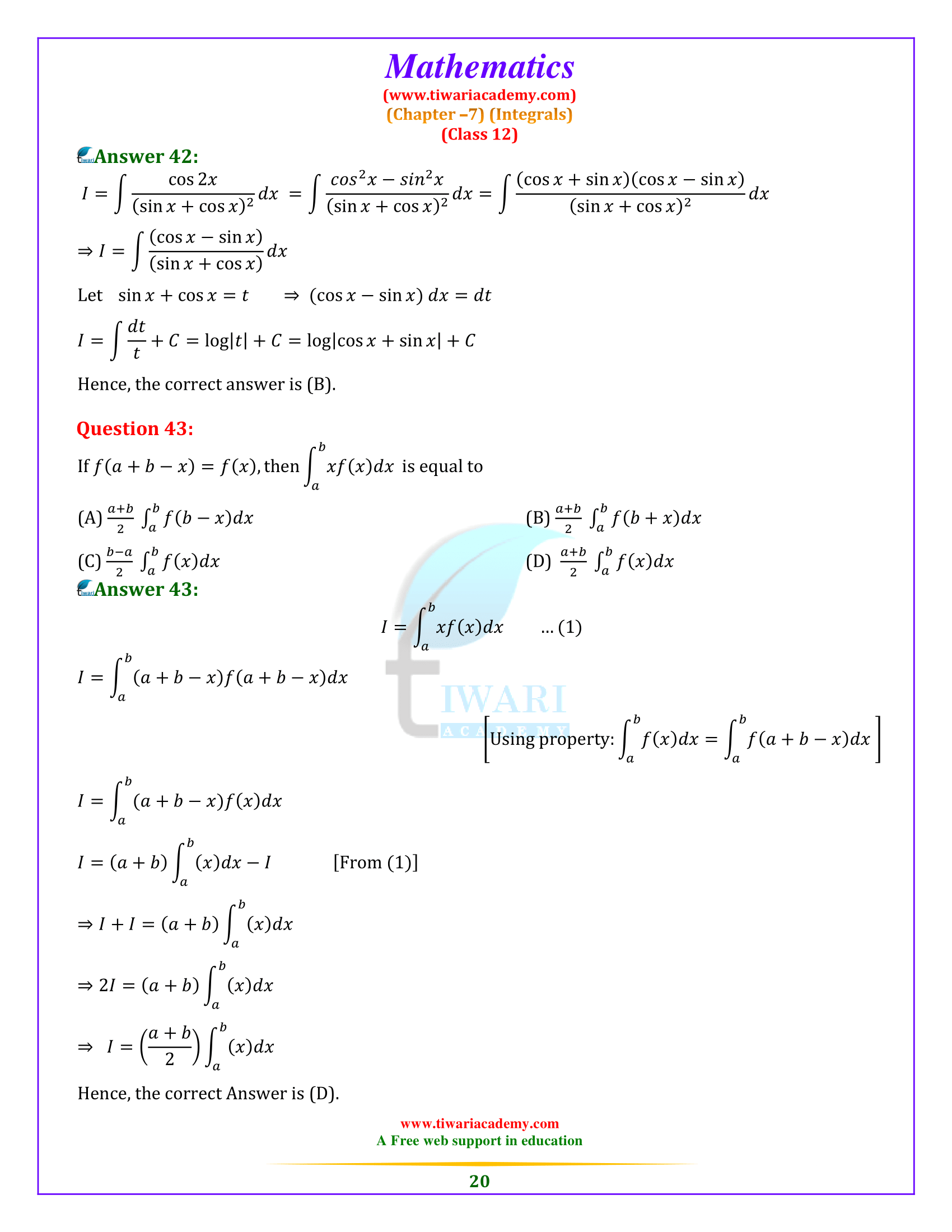 NCERT Solutions for Class 12 Maths Chapter 7 Miscellaneous in PDF