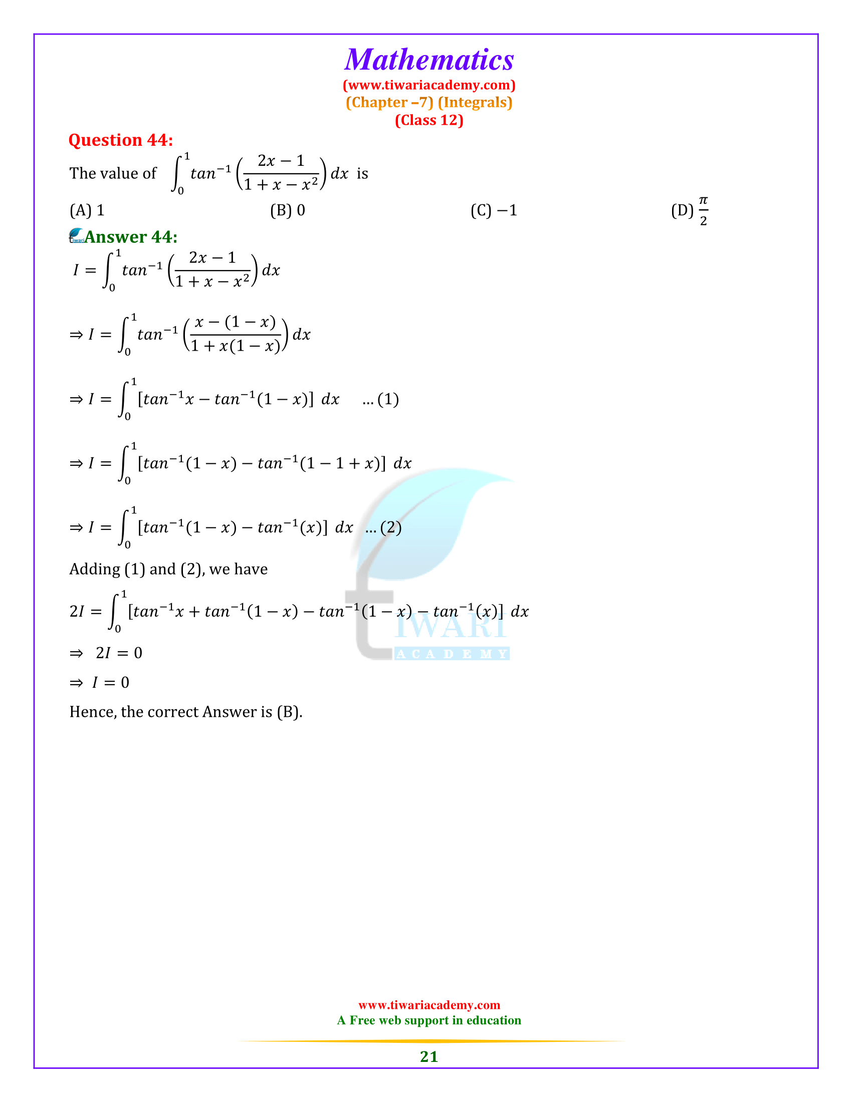 NCERT Solutions for Class 12 Maths Chapter 7 Miscellaneous in PDF