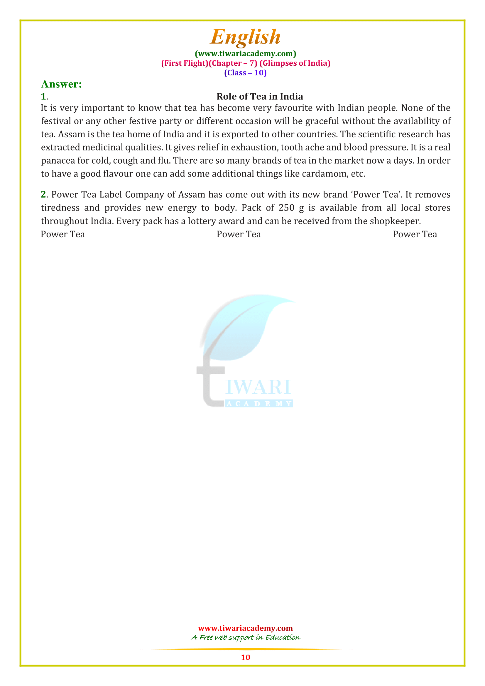 NCERT Solutions for Class 10 English First Flight Chapter 7 in PDF