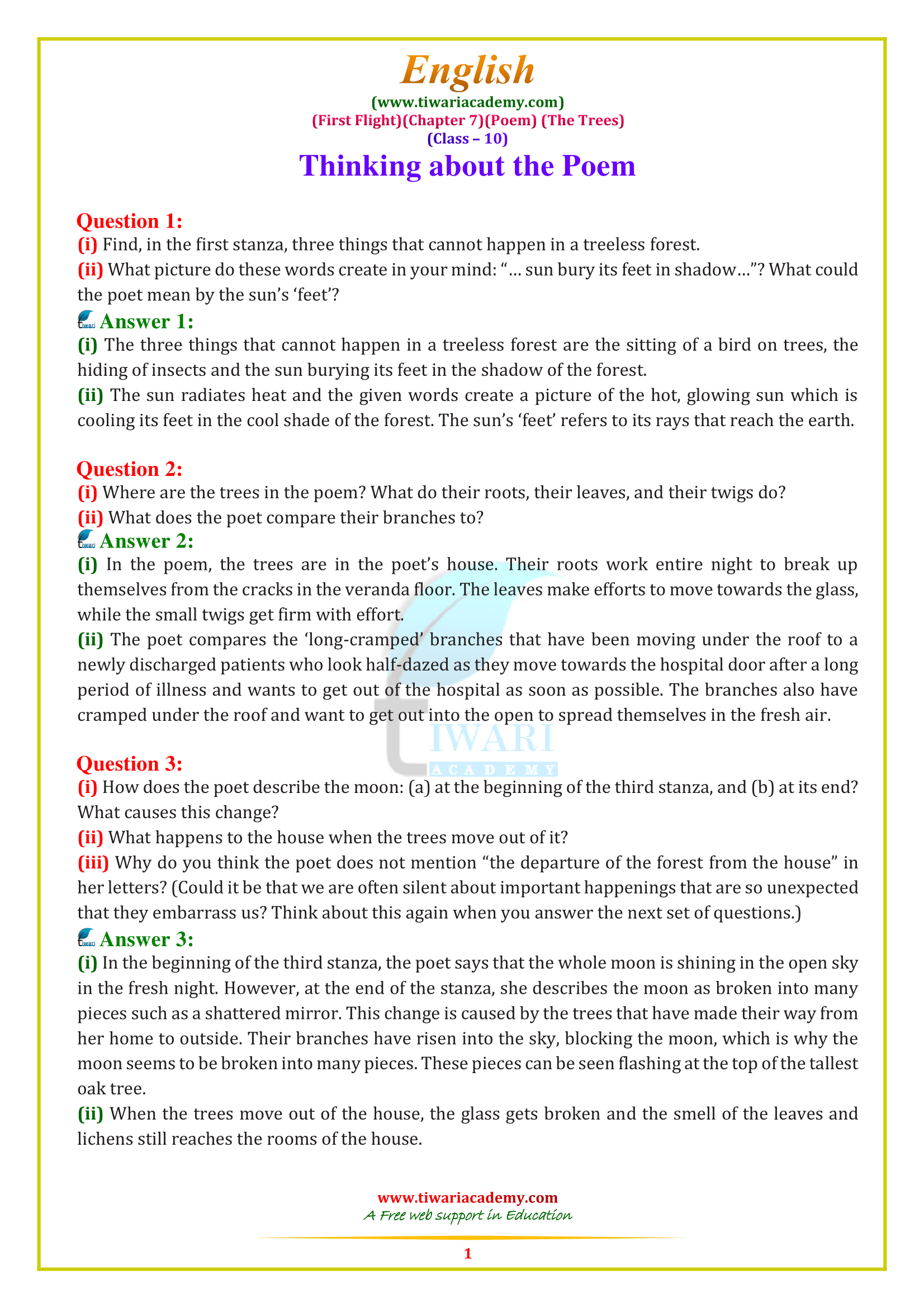 NCERT Solutions for Class 10 English First Flight Chapter 7 in PDF