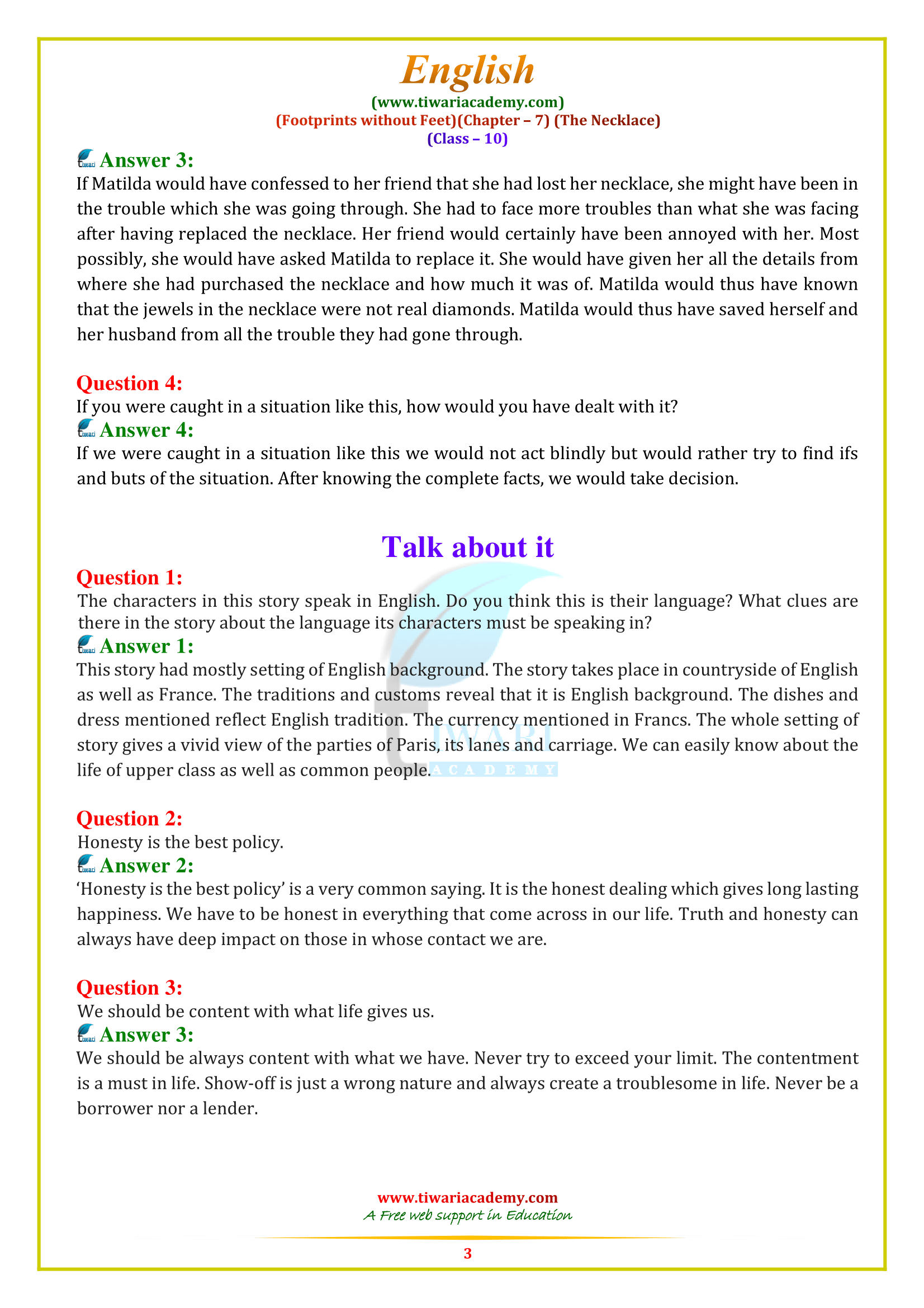 NCERT Solutions for Class 10 English Supplementary Chapter 7.